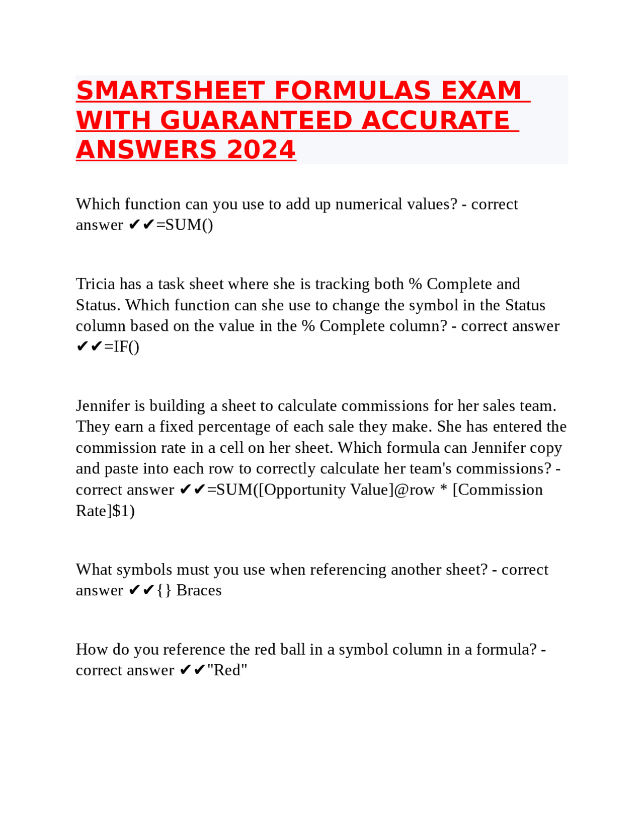 SMARTSHEET FORMULAS EXAM WITH GUARANTEED ACCURATE ANSWERS 2024 | Exams ...