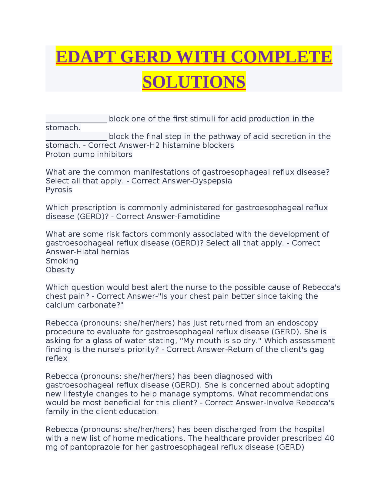 EDAPT GERD WITH COMPLETE SOLUTIONS | Exams Nursing | Docsity