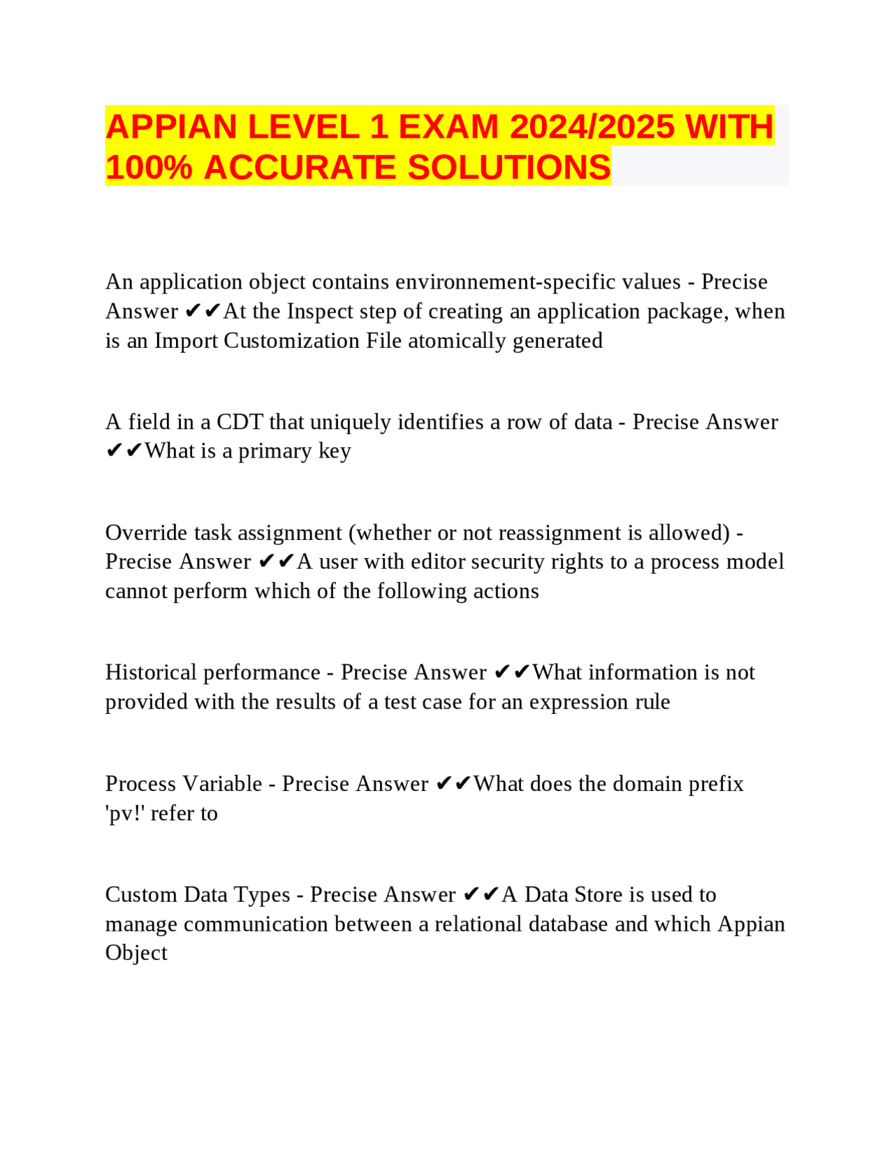 APPIAN LEVEL 1 EXAM 2024/2025 WITH 100% ACCURATE SOLUTIONS | Exams ...