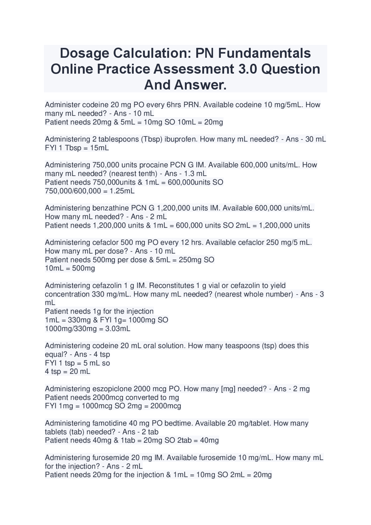 Dosage Calculation: PN Fundamentals Online Practice Assessment 3.0 Question And Answer. | Exams ...