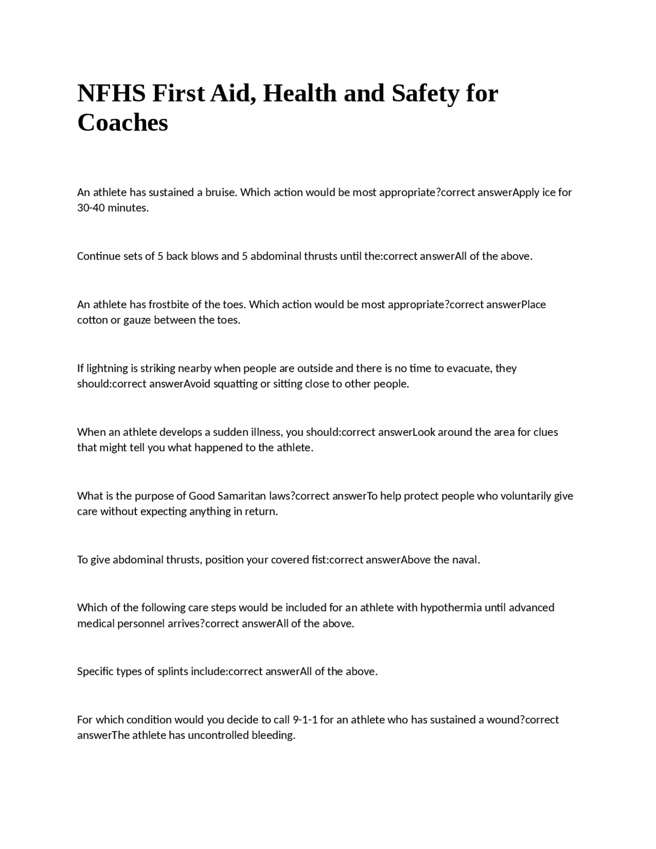 NFHS First Aid questions with correct answers | Exams Physical Activity ...