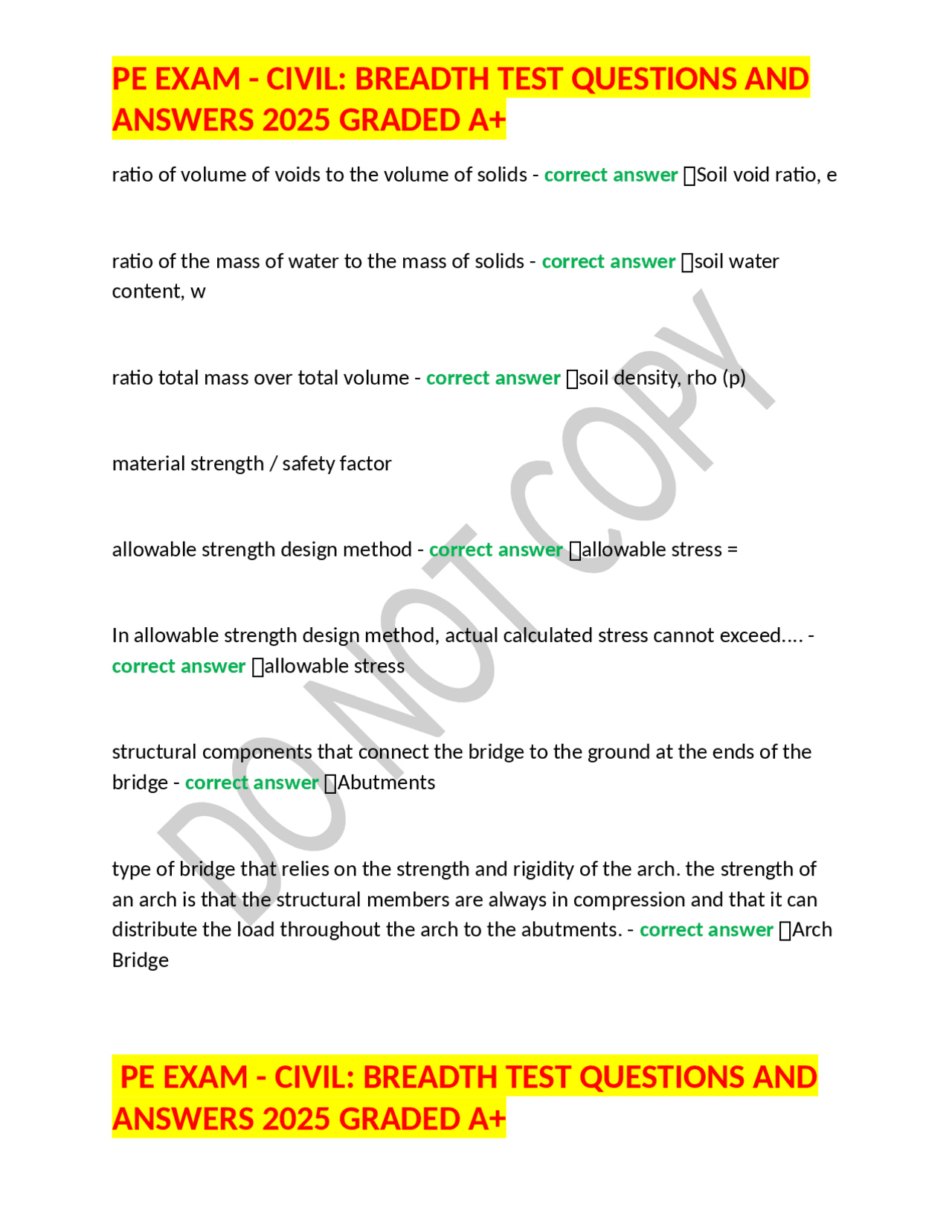 PE EXAM - CIVIL: BREADTH TEST QUESTIONS AND ANSWERS 2025 GRADED A+ ...