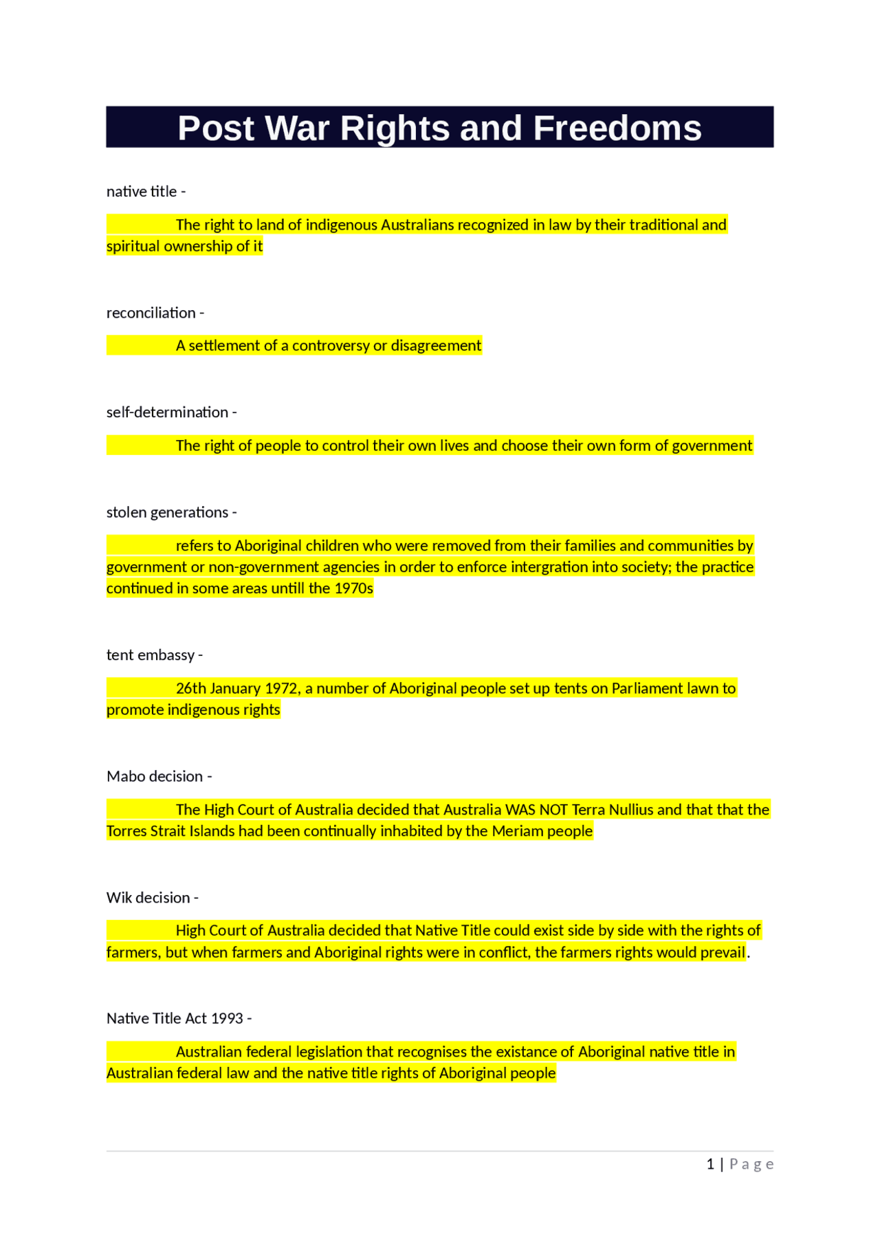 Post War Rights and Freedoms. | Exams Civil Law | Docsity