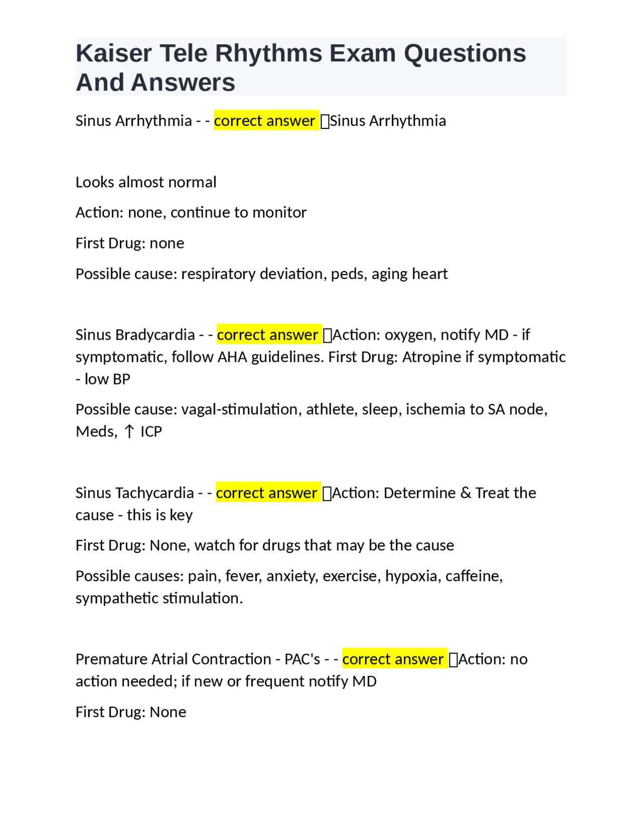 Kaiser Tele Rhythms Exam Questions And Answers | Exams Medicine | Docsity