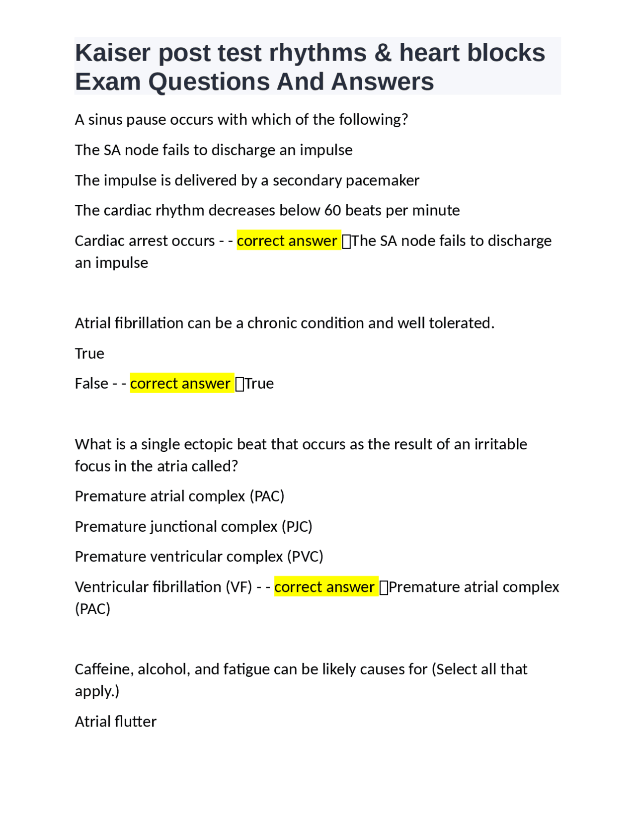 Kaiser post test rhythms & heart blocks Exam Questions And Answers ...