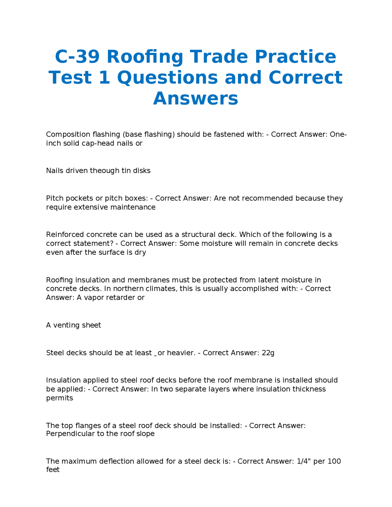 C-39 Roofing Trade Practice Test 1 Questions and Correct Answers ...