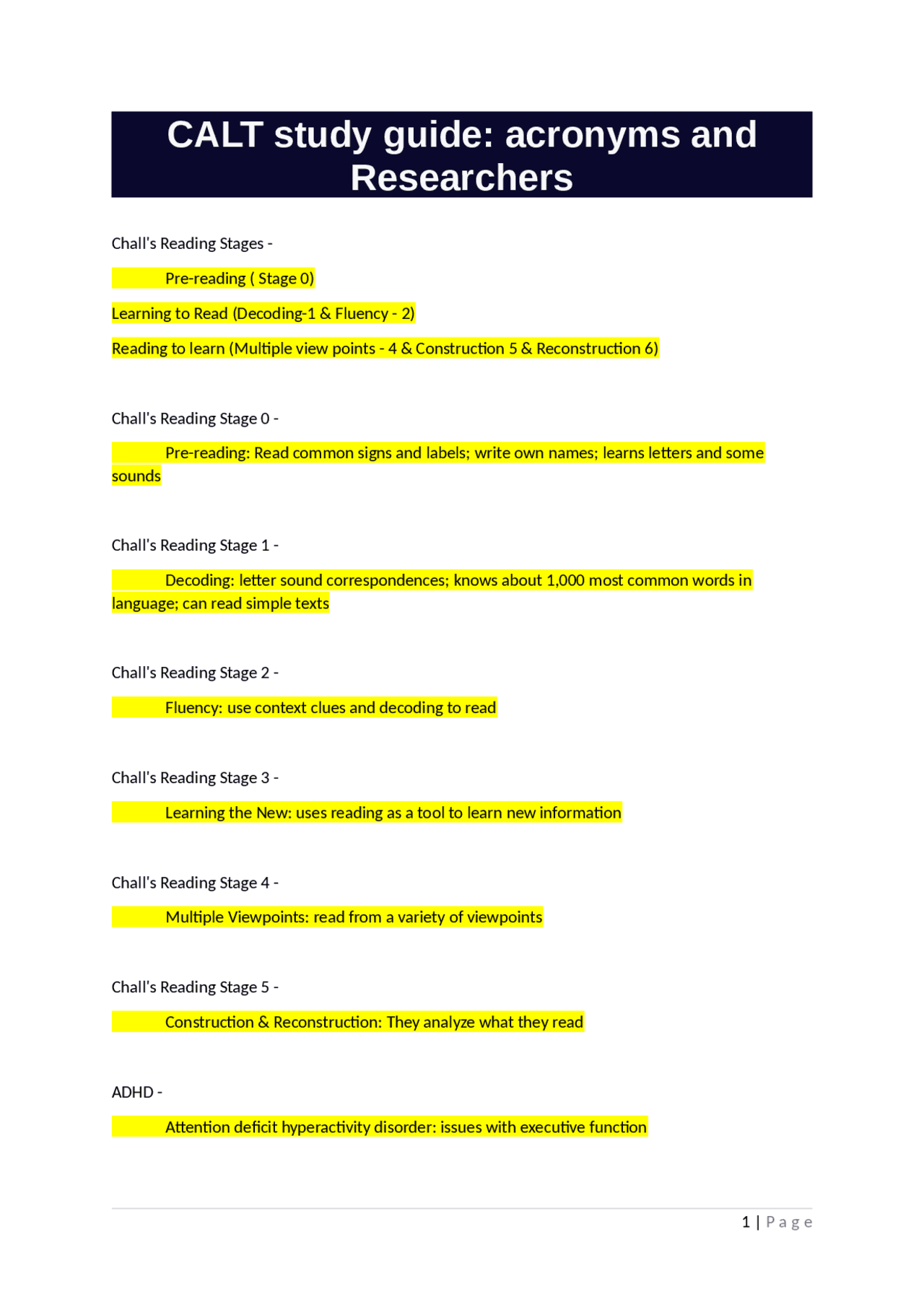 CALT study guide acronyms and Researchers | Exams English Philology ...