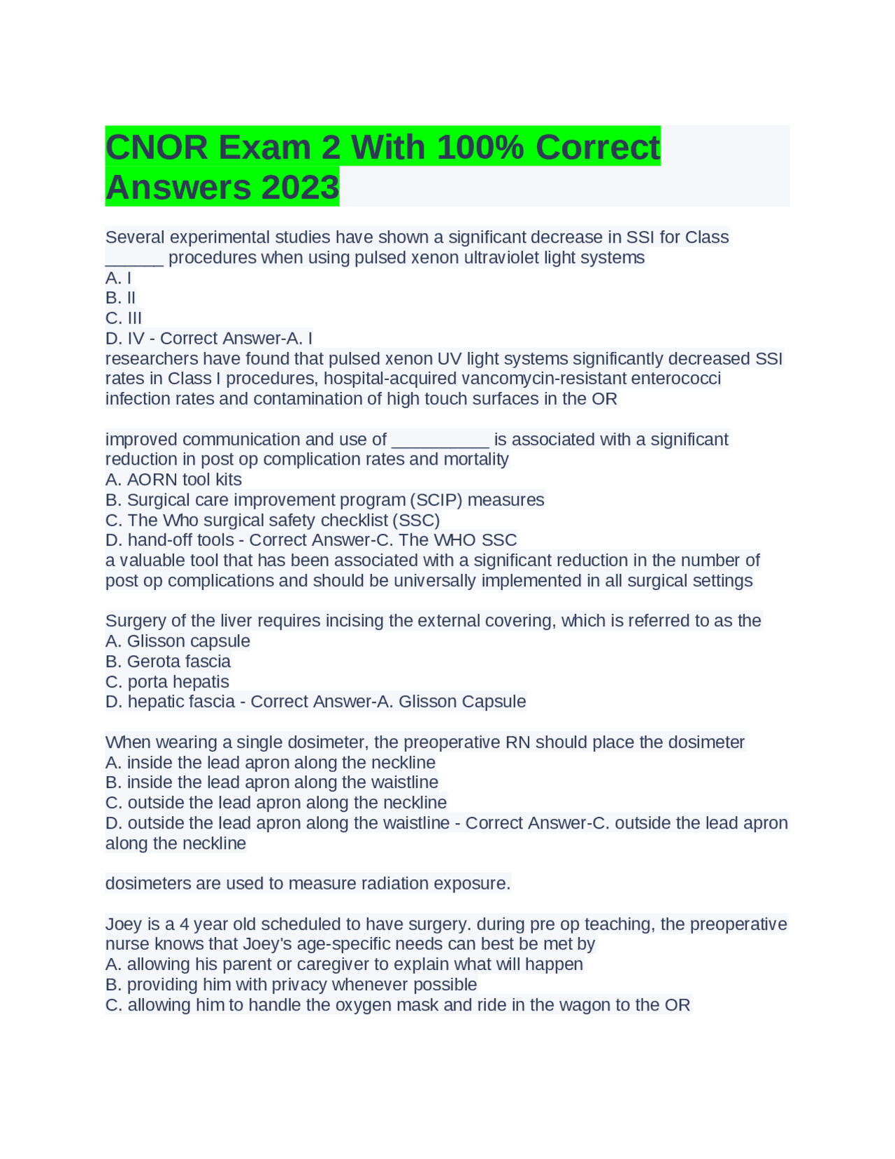 CNOR Exam 2 With 100% Correct Answers 2023 | Exams Advanced Education ...