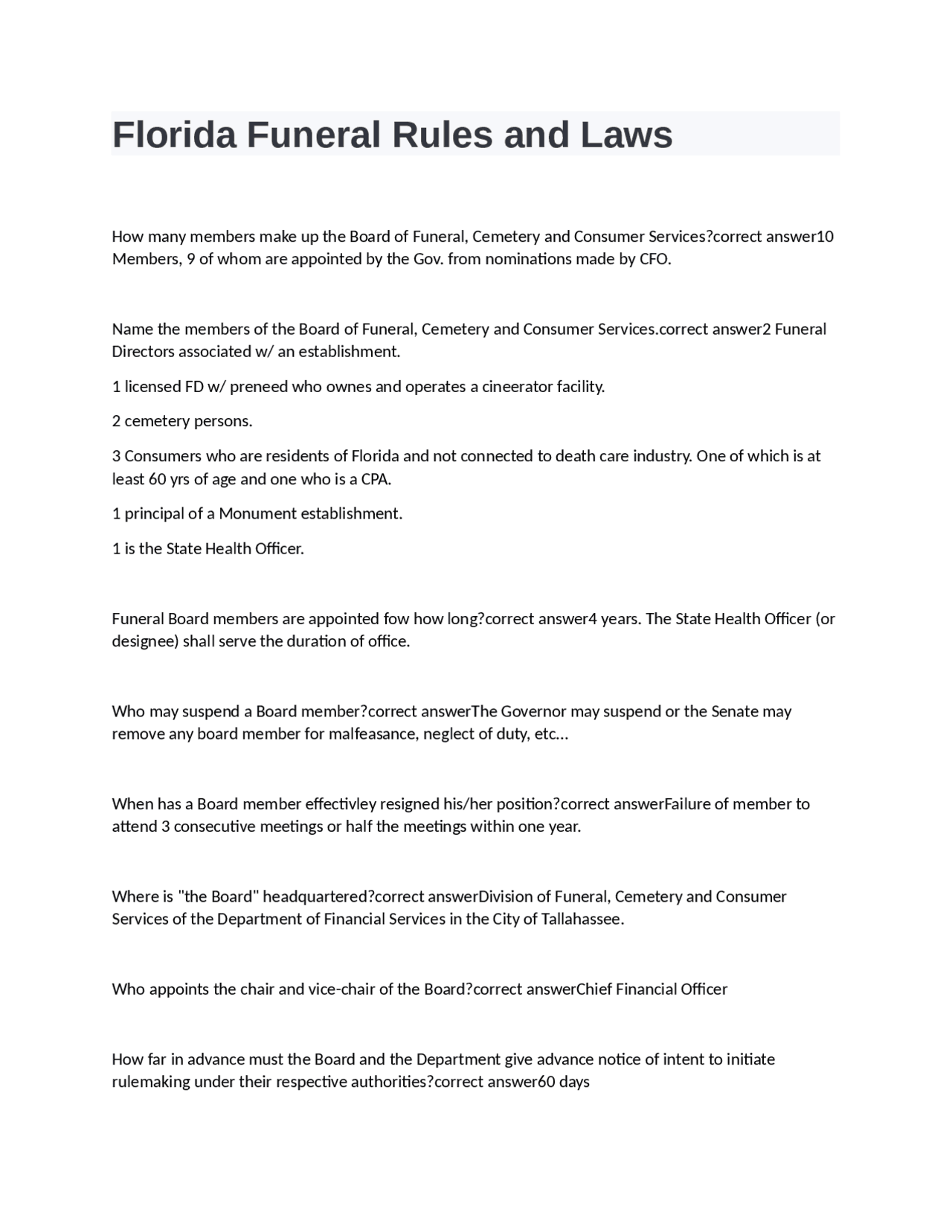 Florida Funeral Rules and Laws questions with answers | Exams Law | Docsity