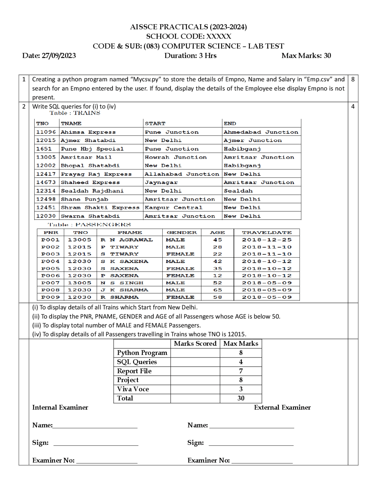 Aissce Practical Exam Computer Science Lab Test 2023 2024 Exams Computer Science Docsity