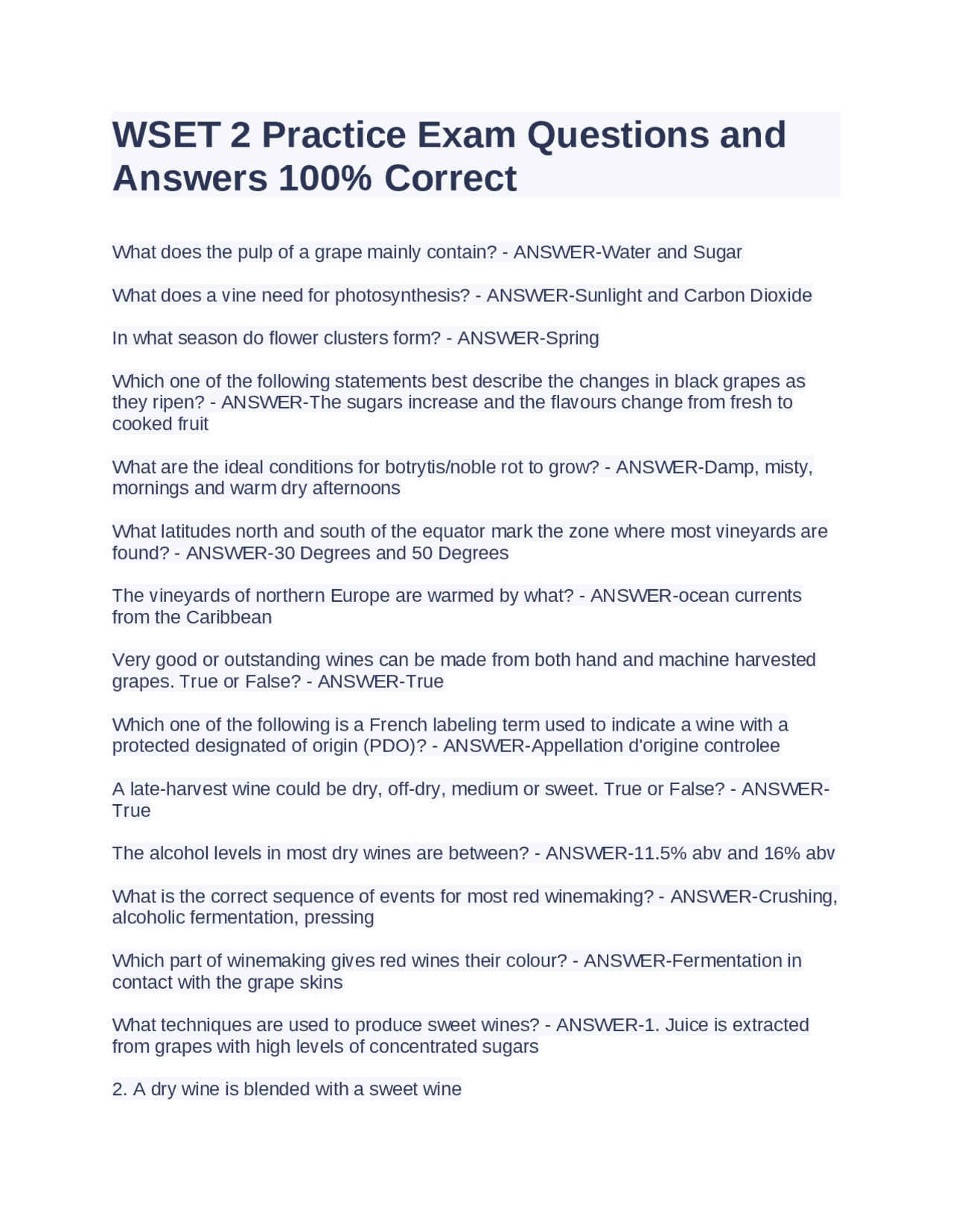 WSET 2 Practice Exam Questions and Answers 100% Correct | Exams ...