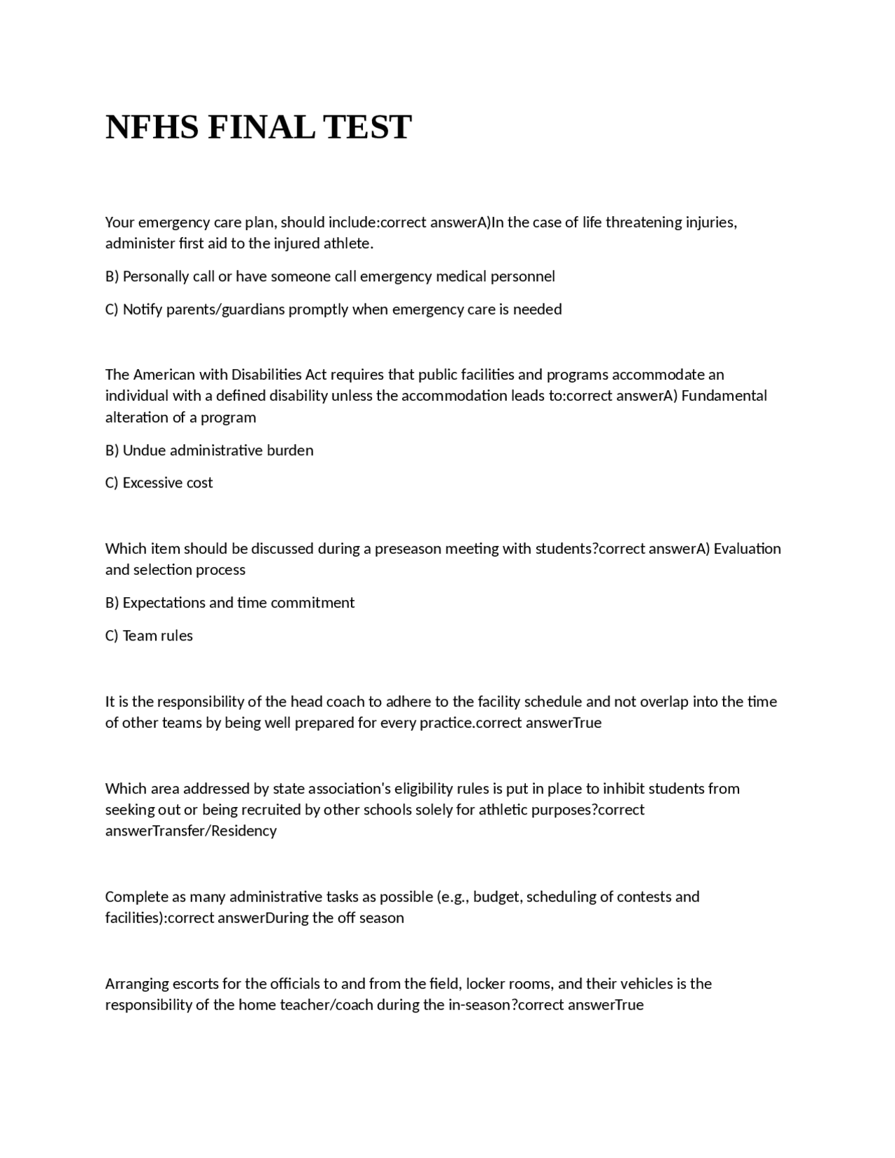 NFHS FINAL TEST QUESTIONS WITH CORRECT ANSWERS | Exams Physical ...