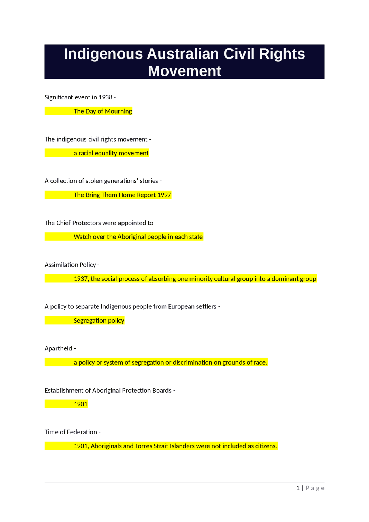 Indigenous Australian Civil Rights Movement. | Exams Civil Law | Docsity