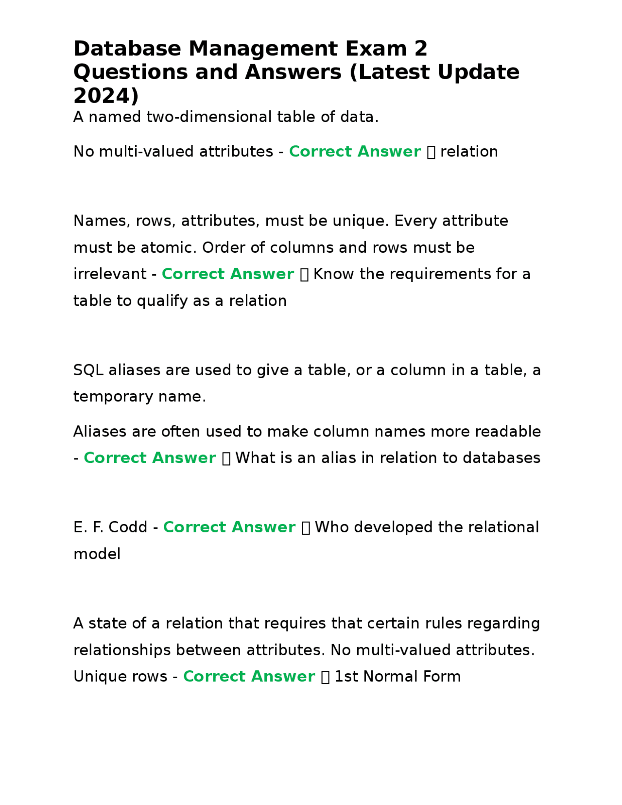 Database Management Exam 2 Questions and Answers (Latest Update 2024 ...