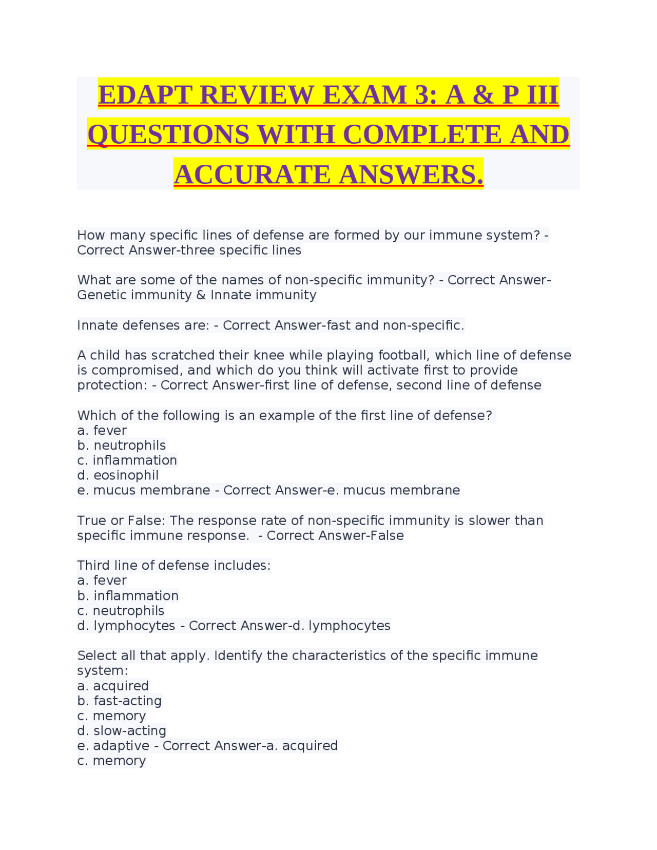 EDAPT REVIEW EXAM 3: A & P III QUESTIONS WITH COMPLETE AND ACCURATE ...