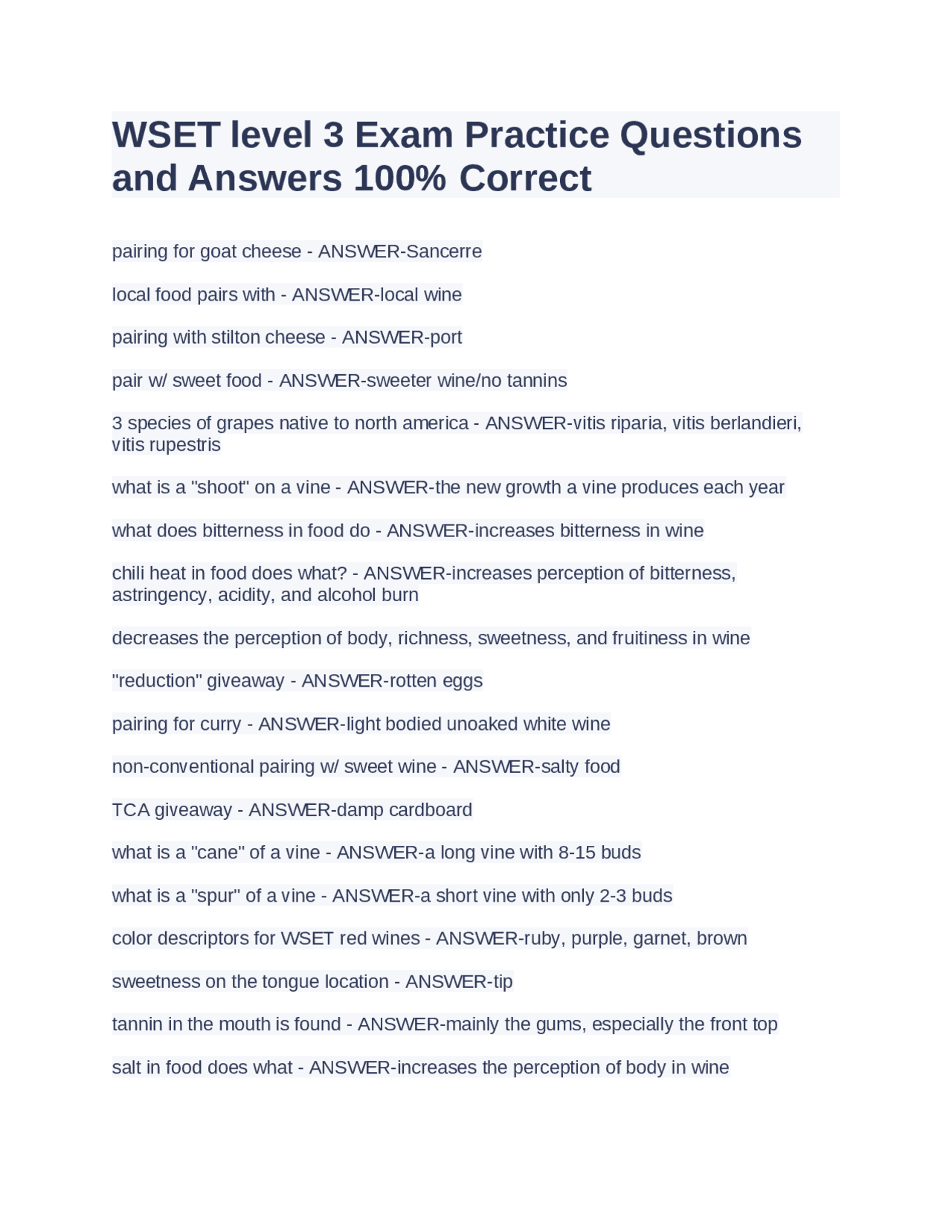 WSET level 3 Exam Practice Questions and Answers 100% Correct | Exams ...