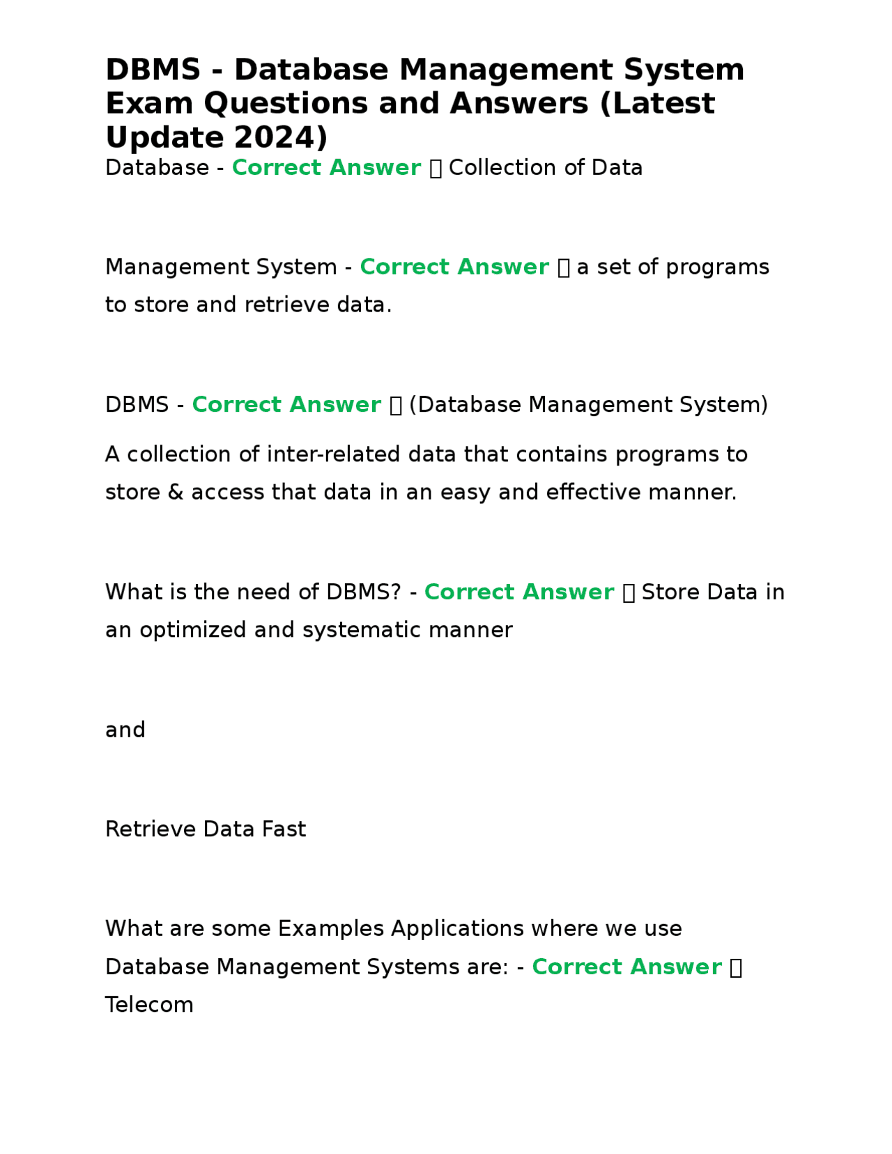 DBMS - Database Management System Exam Questions and Answers (Latest ...