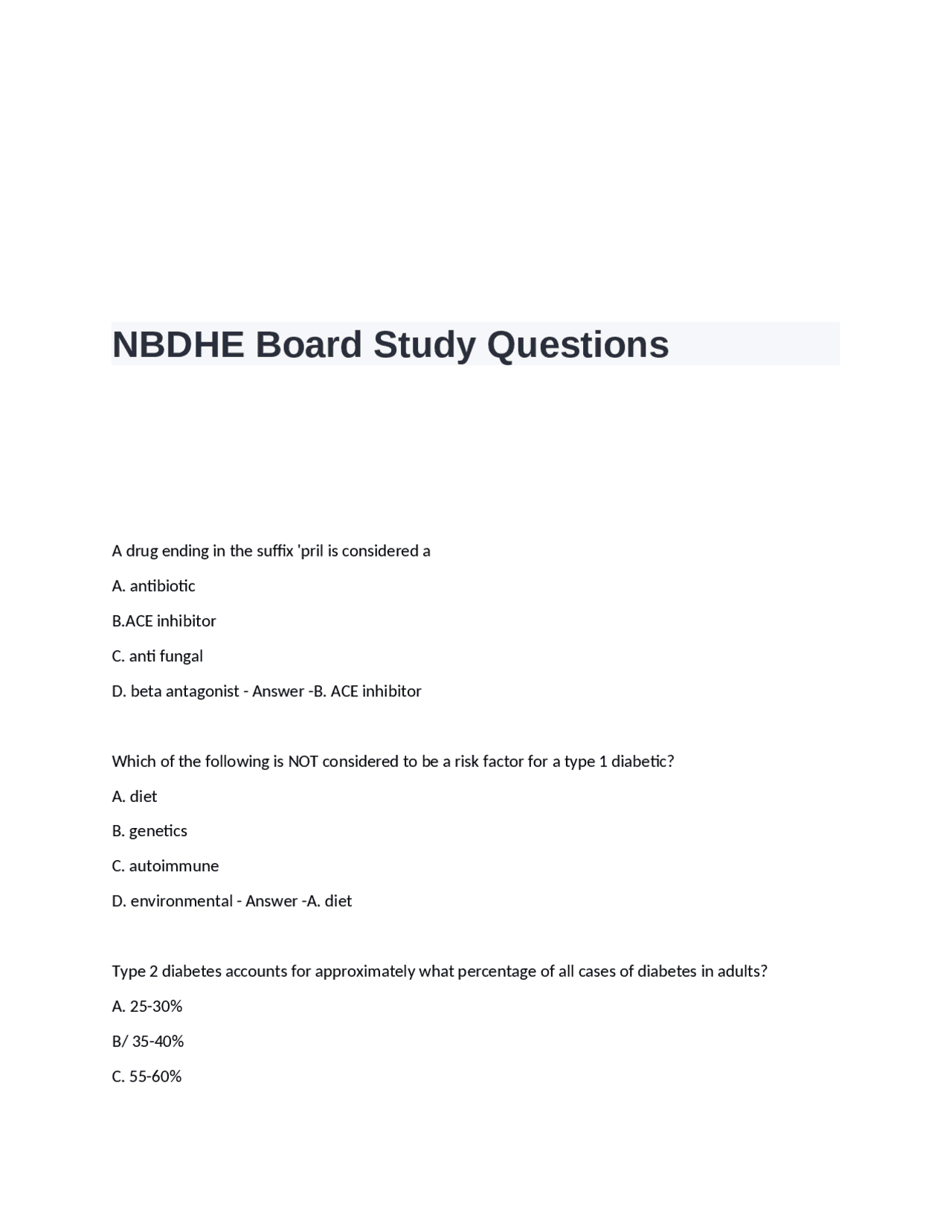 NBDHE Board Exam Study Questions and Answers | Exams Nursing | Docsity