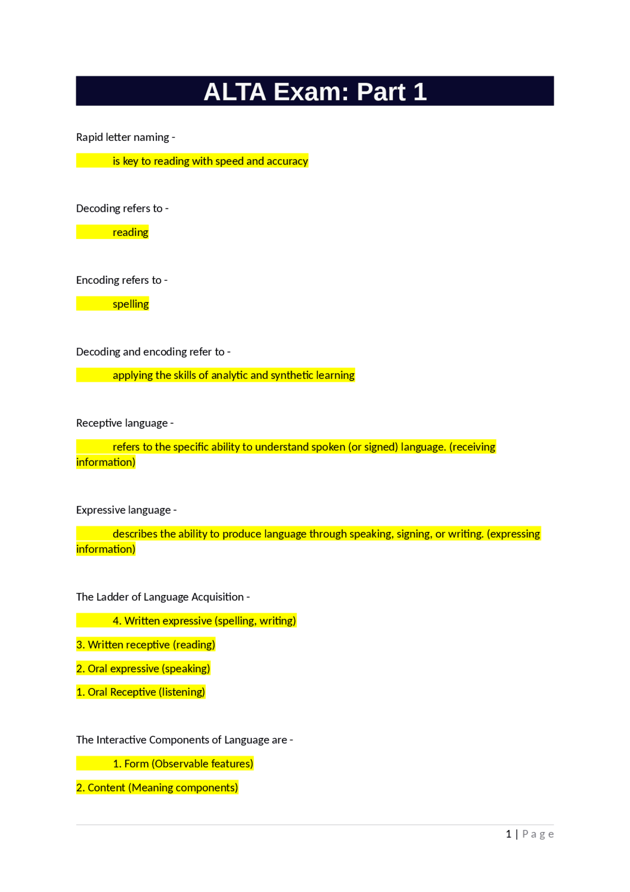 ALTA Exam Part 1 ALTA Exam Part 1 | Exams English Philology | Docsity