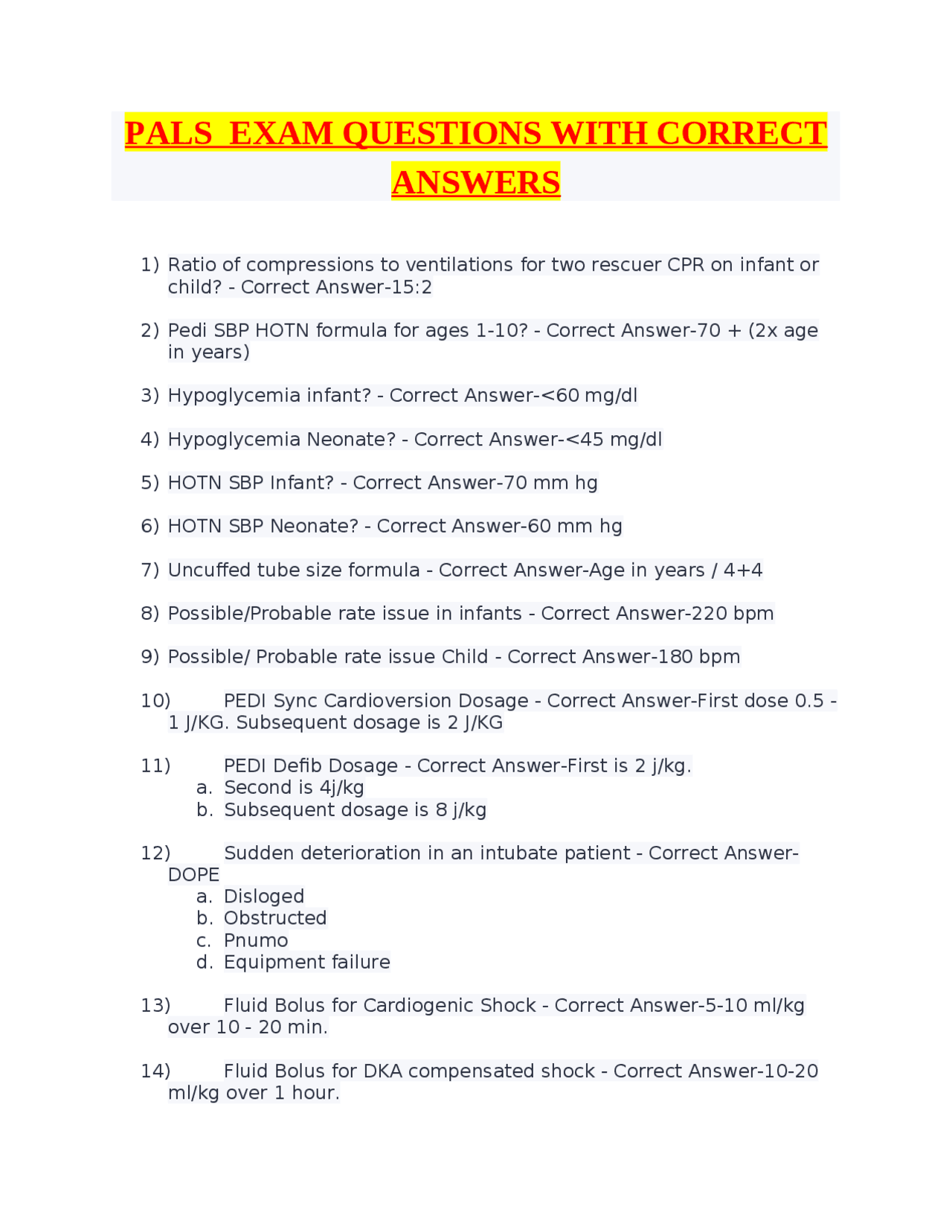 PALS EXAM QUESTIONS WITH CORRECT ANSWERS | Exams Nursing | Docsity