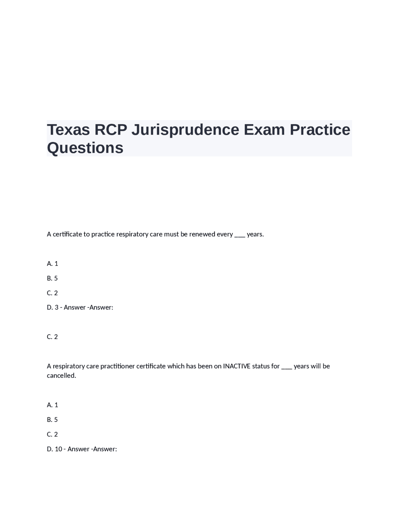 Texas RCP Jurisprudence Exam Practice Questions and Answers | Exams ...