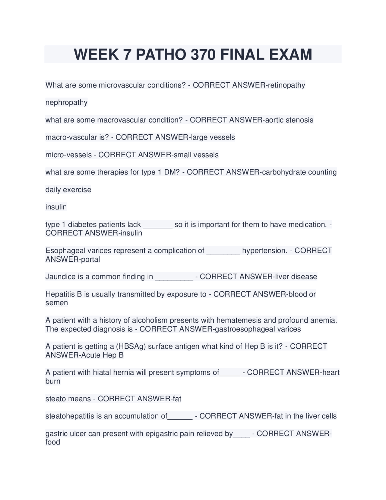 WEEK 7 PATHO 370 FINAL EXAM | Exams Nursing | Docsity