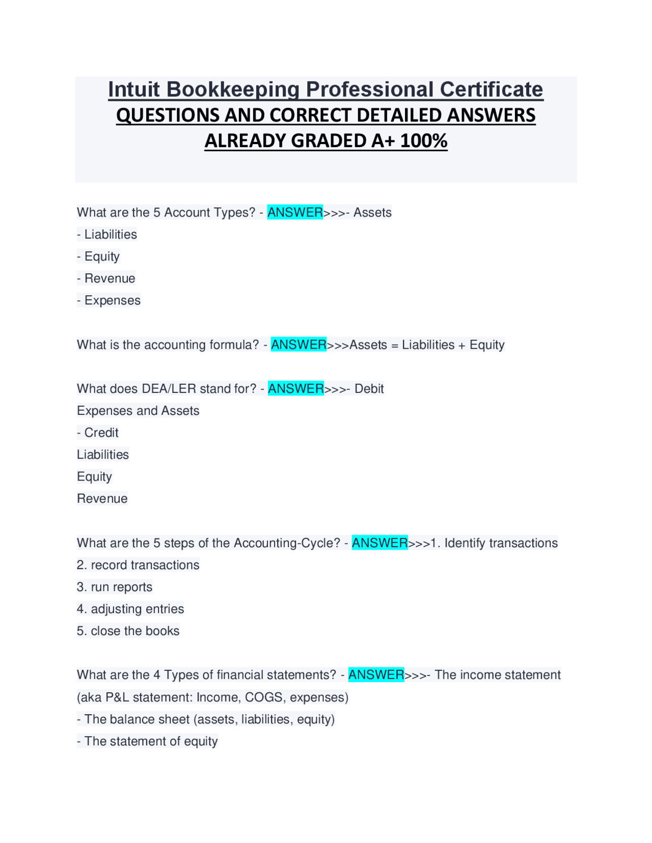Intuit Bookkeeping Professional Certificate QUESTIONS AND CORRECT ...