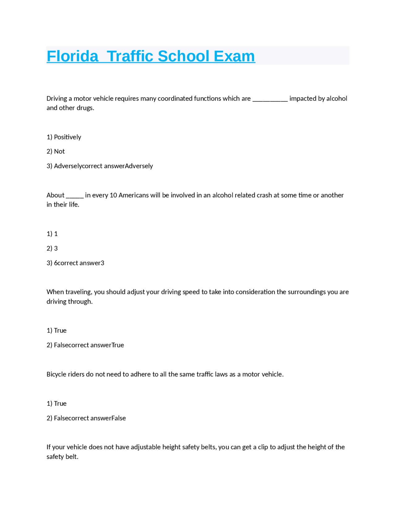 Florida Traffic School Exam with correct answers | Exams Traffic ...