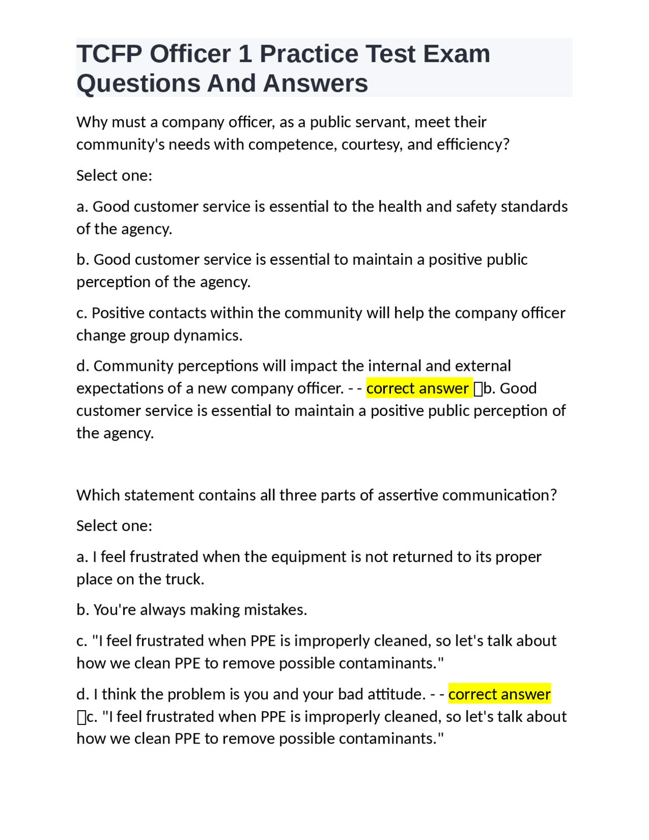 TCFP Officer 1 Practice Test Exam Questions And Answers | Exams Safety ...