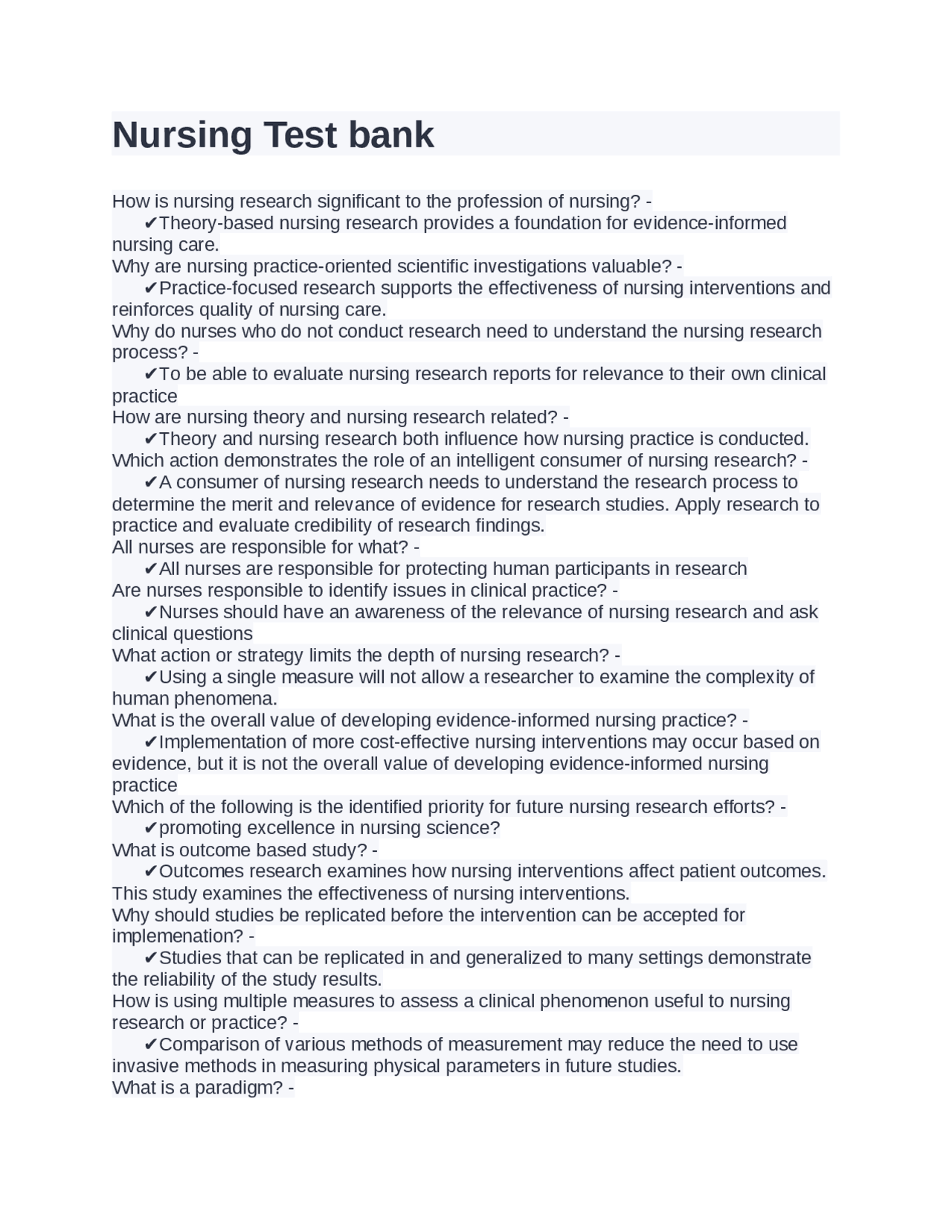 Nursing Test bank Q & A | Exams Nursing | Docsity