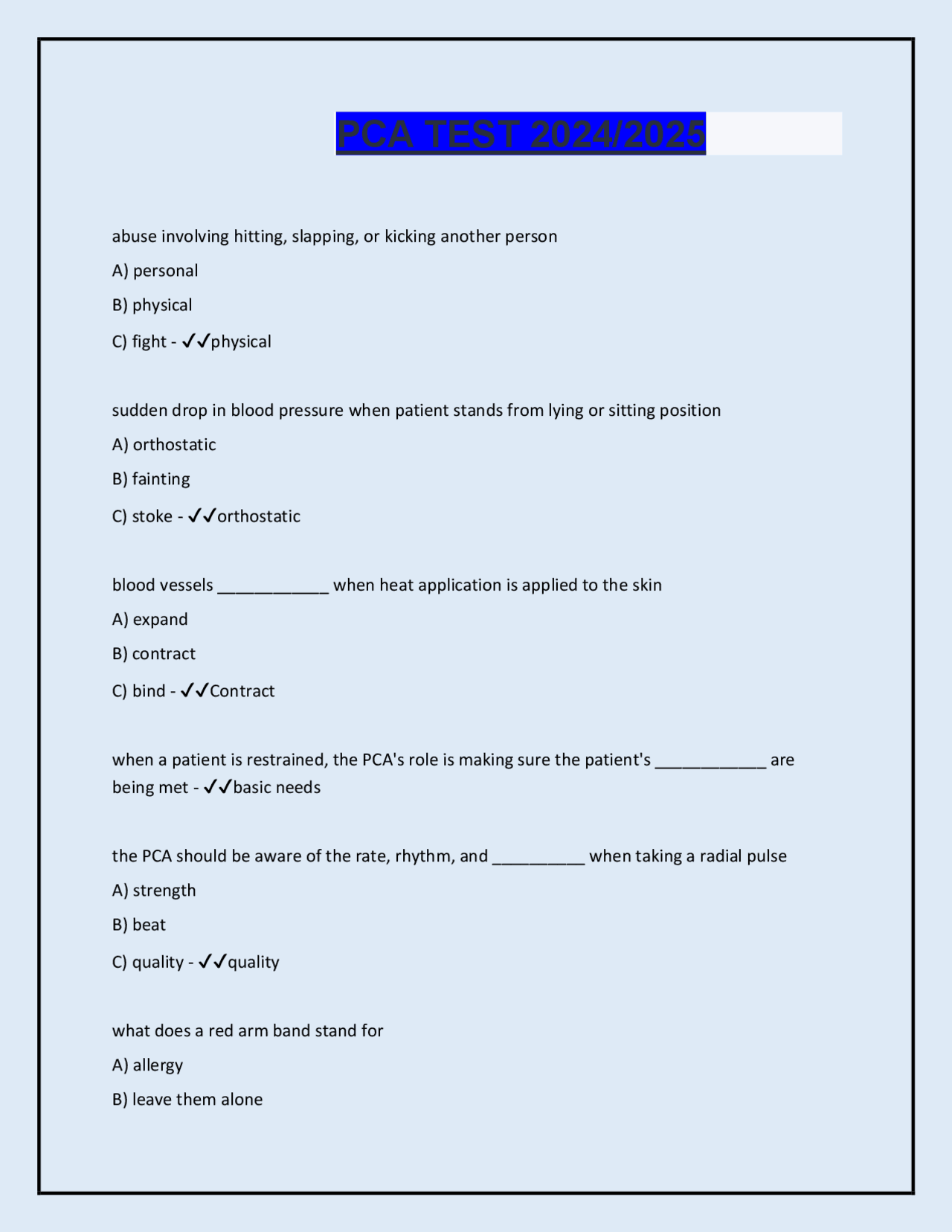 PCA TEST 2024/2025 WITH ANSWERS | Exams Nursing | Docsity