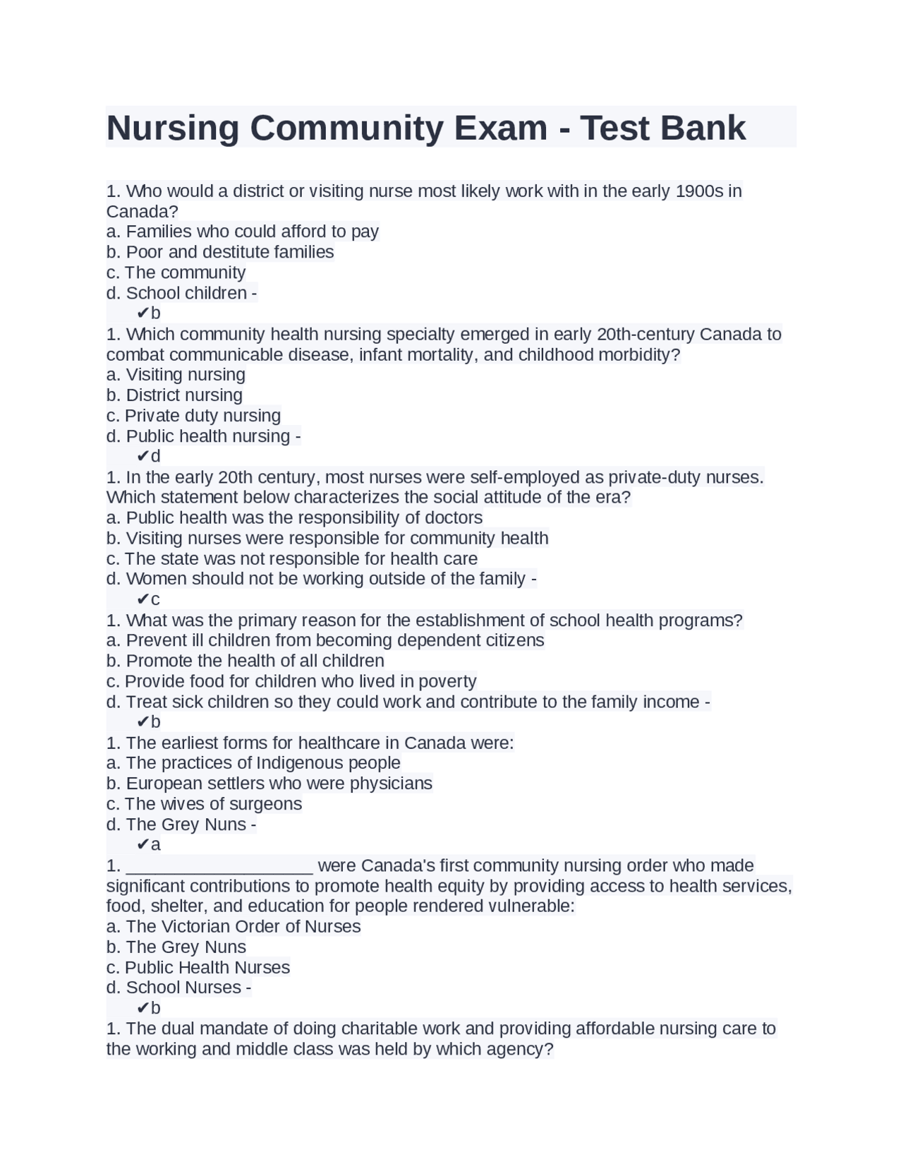 Nursing Community Exam - Test Bank | Exams Nursing | Docsity