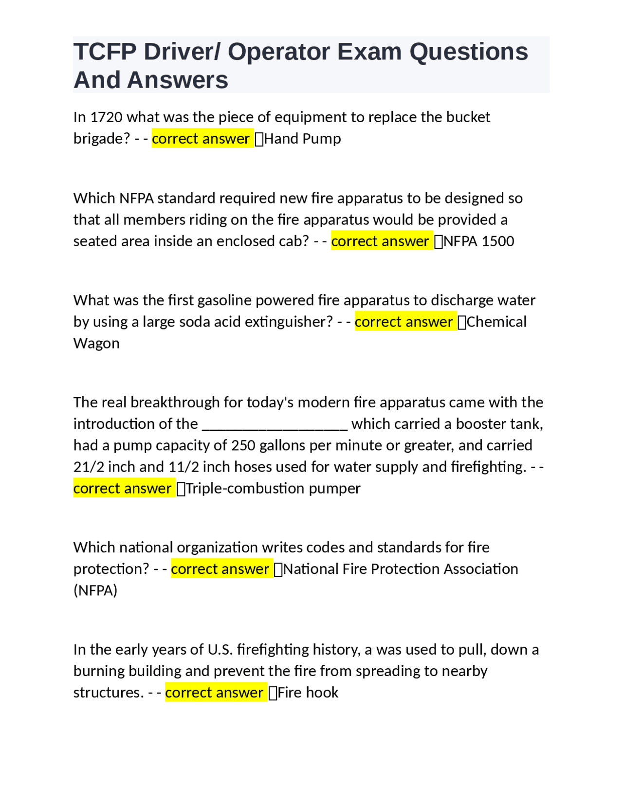 TCFP Driver/ Operator Exam Questions And Answers | Exams Safety and ...