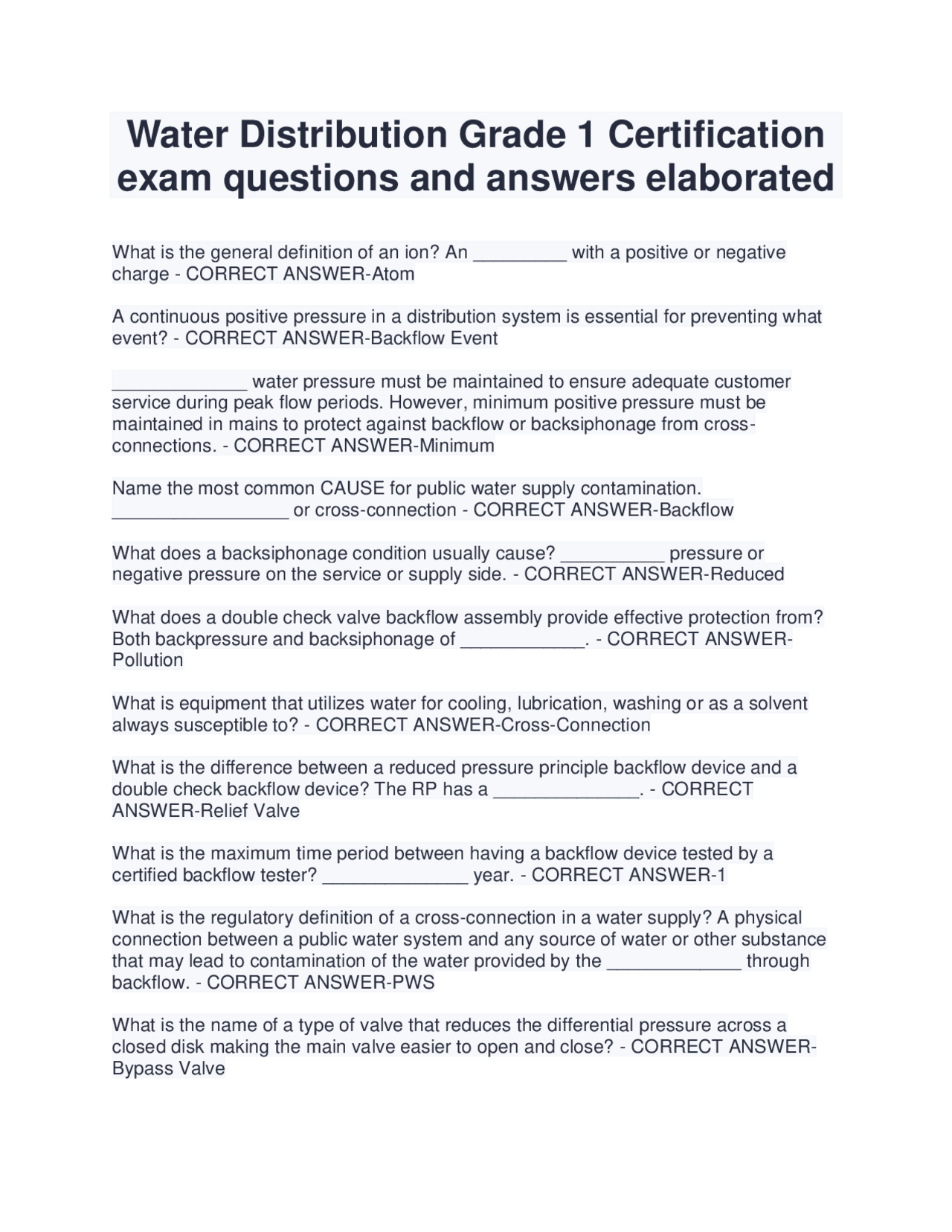 Water Distribution Grade 1 Certification exam questions and answers ...