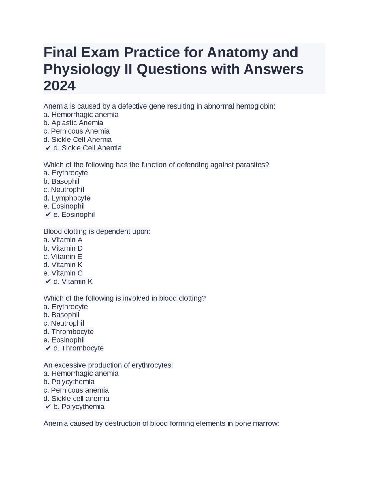 Final Exam Practice for Anatomy and Physiology II Questions with ...