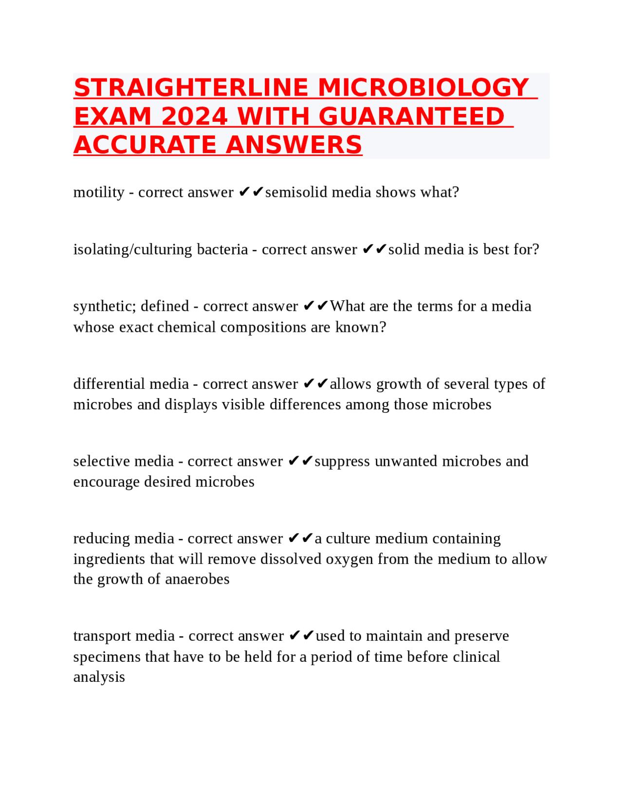 STRAIGHTERLINE MICROBIOLOGY EXAM 2024 WITH GUARANTEED ACCURATE ANSWERS ...
