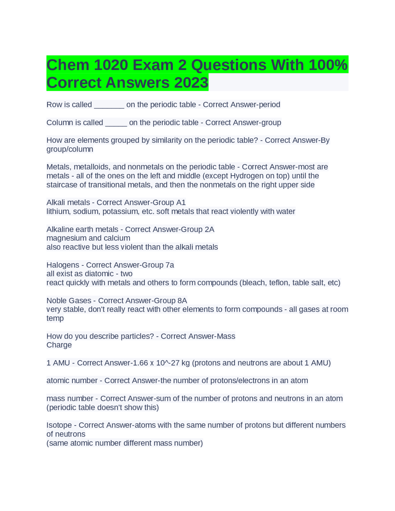 Chem 1020 Exam 2 Questions With 100% Correct Answers 2023 | Exams ...