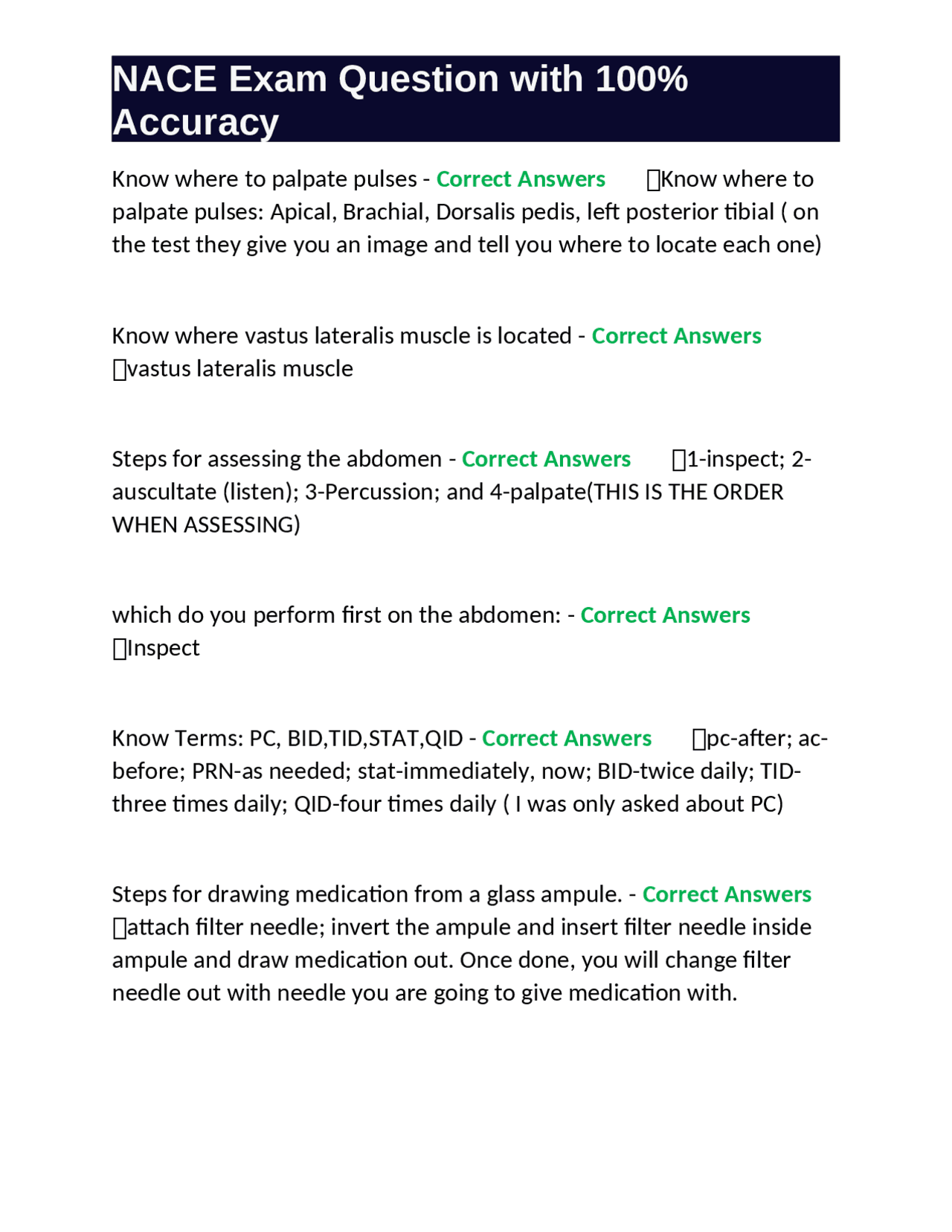 NACE Exam Question with 100% Accuracy | Exams Nursing | Docsity