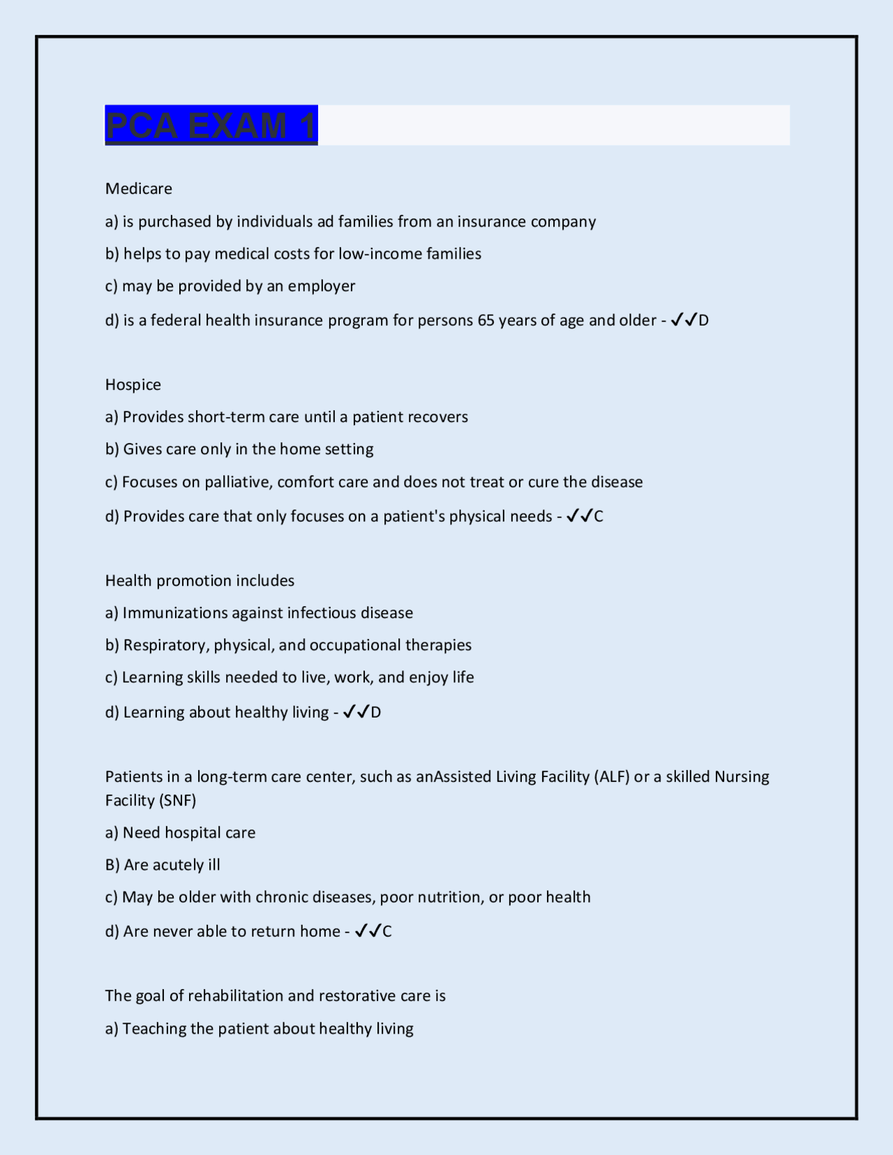 PCA EXAM 1 QUESTIONS AND ANSWERS | Exams Nursing | Docsity