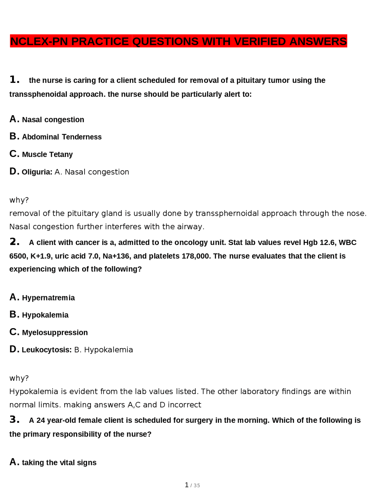 NCLEX-PN PRACTICE QUESTIONS WITH VERIFIED ANSWERS | Exams Nursing | Docsity