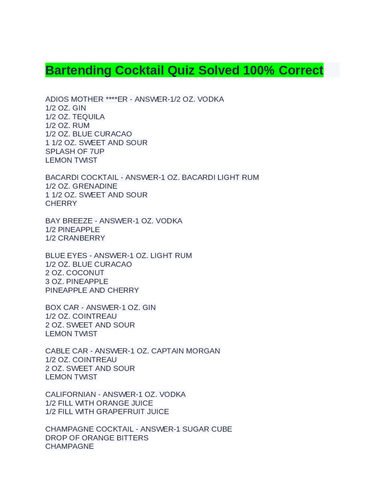 Bartending Cocktail Quiz Solved 100% Correct | Exams Hospitality and ...