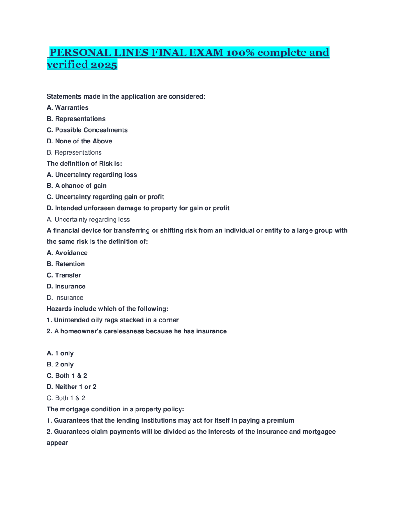 PERSONAL LINES FINAL EXAM 100% complete and verified 2025 | Exams ...