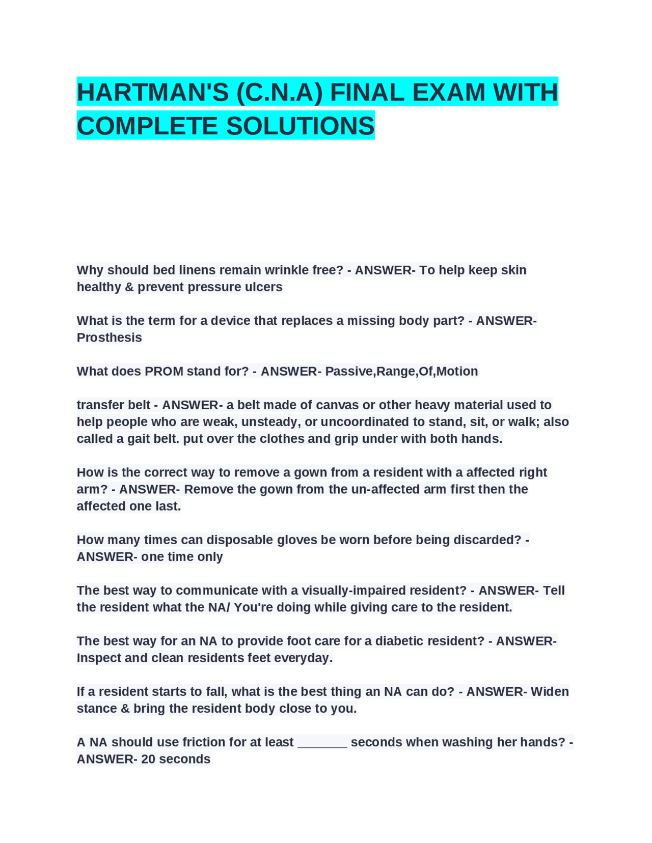 HARTMAN'S (C.N.A) FINAL EXAM WITH COMPLETE SOLUTIONS.docx | Exams ...