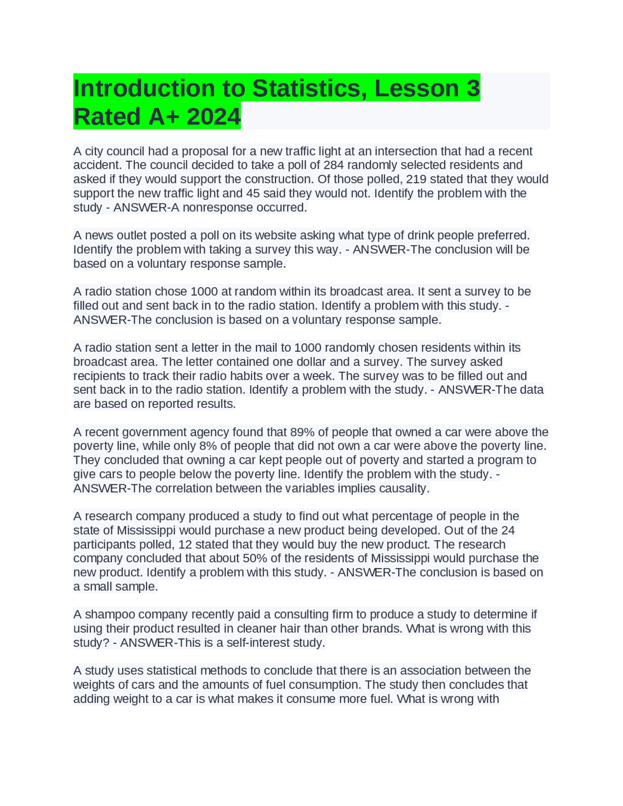 Introduction to Statistics, Lesson 3 Rated A+ 2024 | Exams Statistics ...