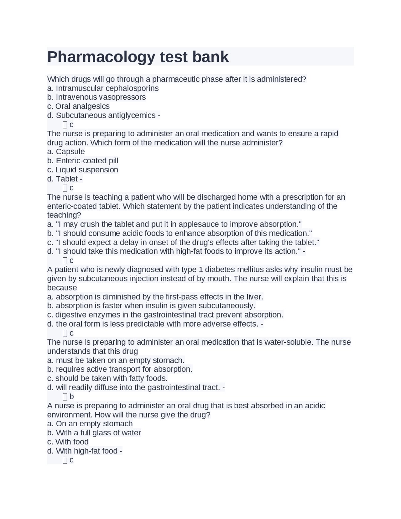 Pharmacology test bank | Exams Pharmacy | Docsity