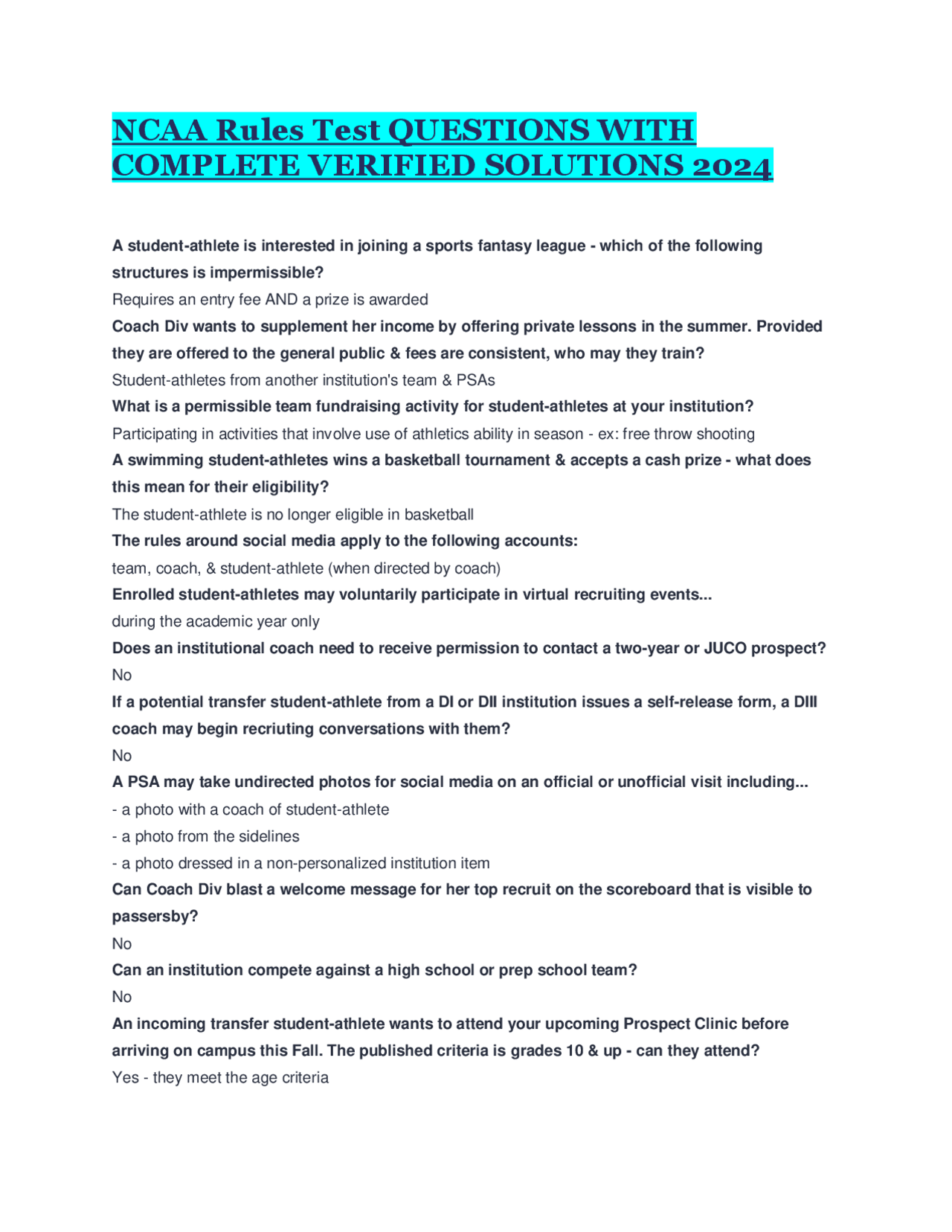 NCAA Rules Test QUESTIONS WITH COMPLETE VERIFIED SOLUTIONS 2024 | Exams ...
