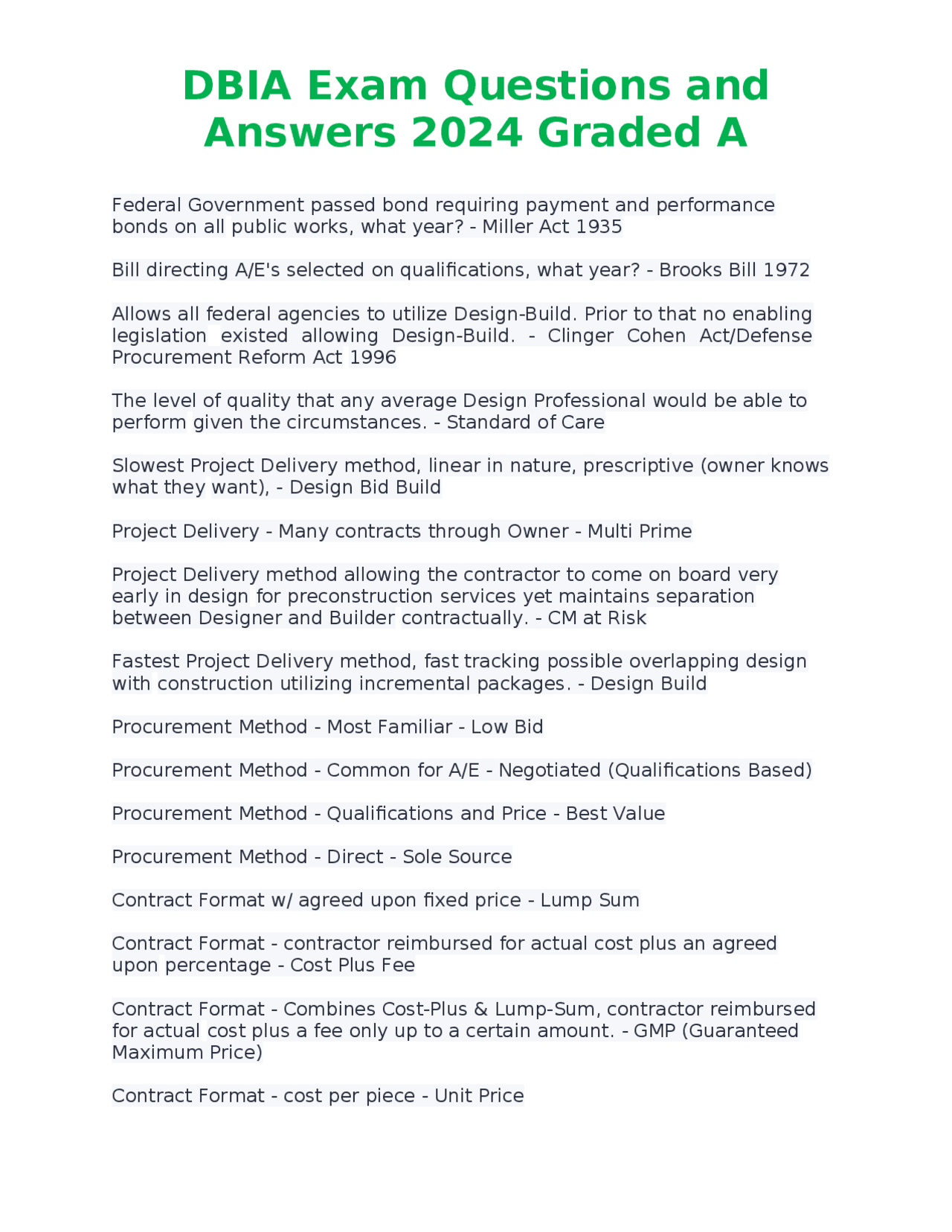 DBIA Exam Questions and Answers 2024 Graded A | Exams Law | Docsity