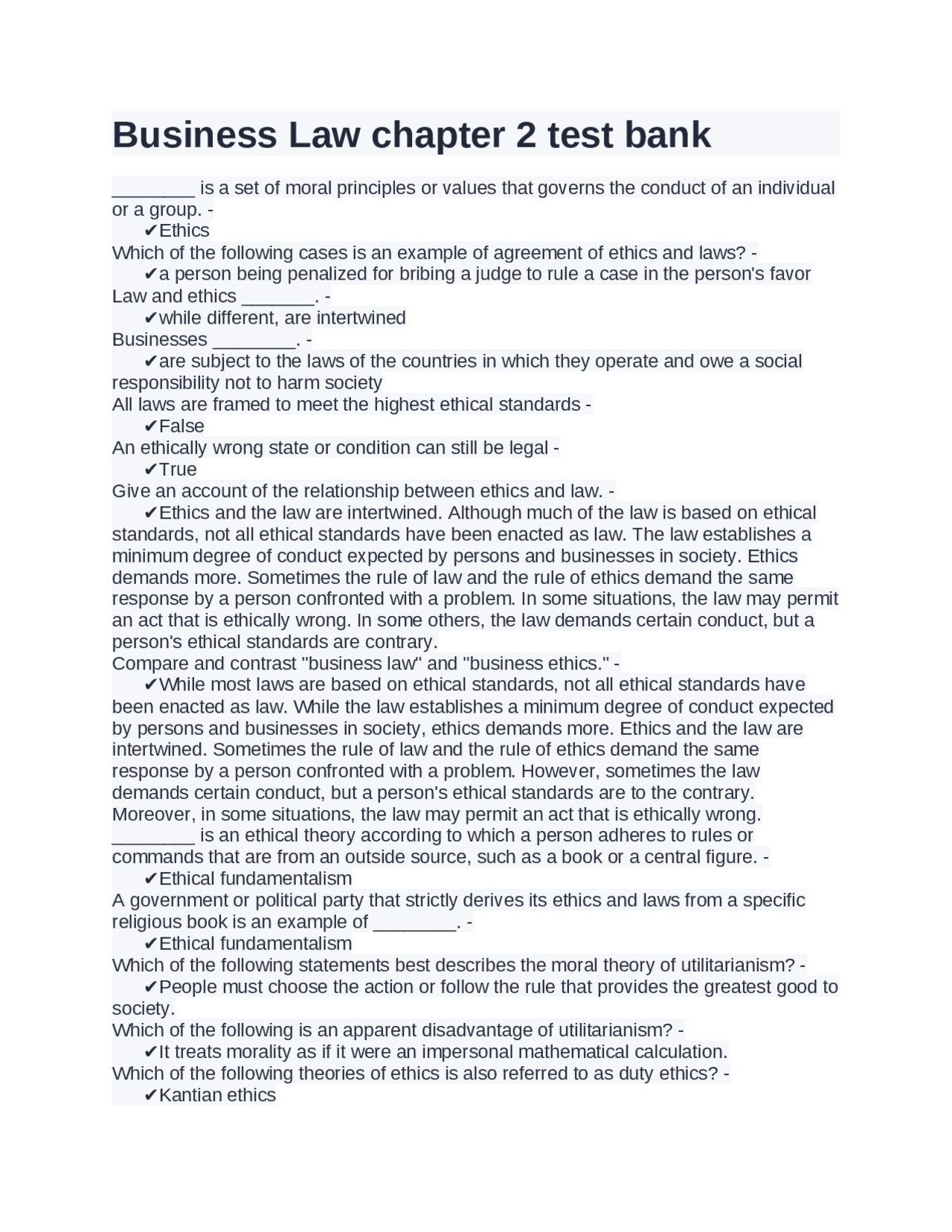 Business Law chapter 2 test bank | Exams Law | Docsity