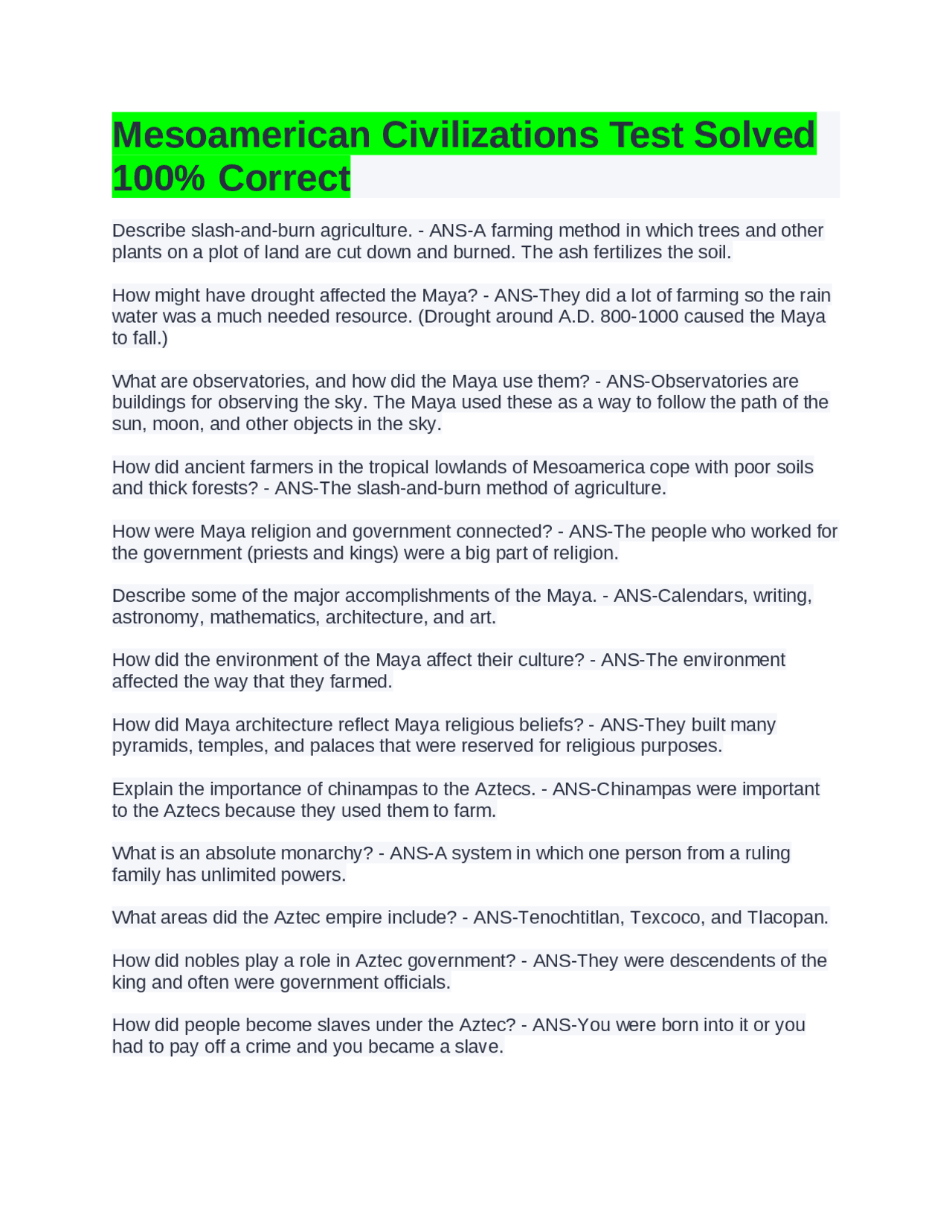 Mesoamerican Civilizations Test Solved 100% Correct | Exams Human ...