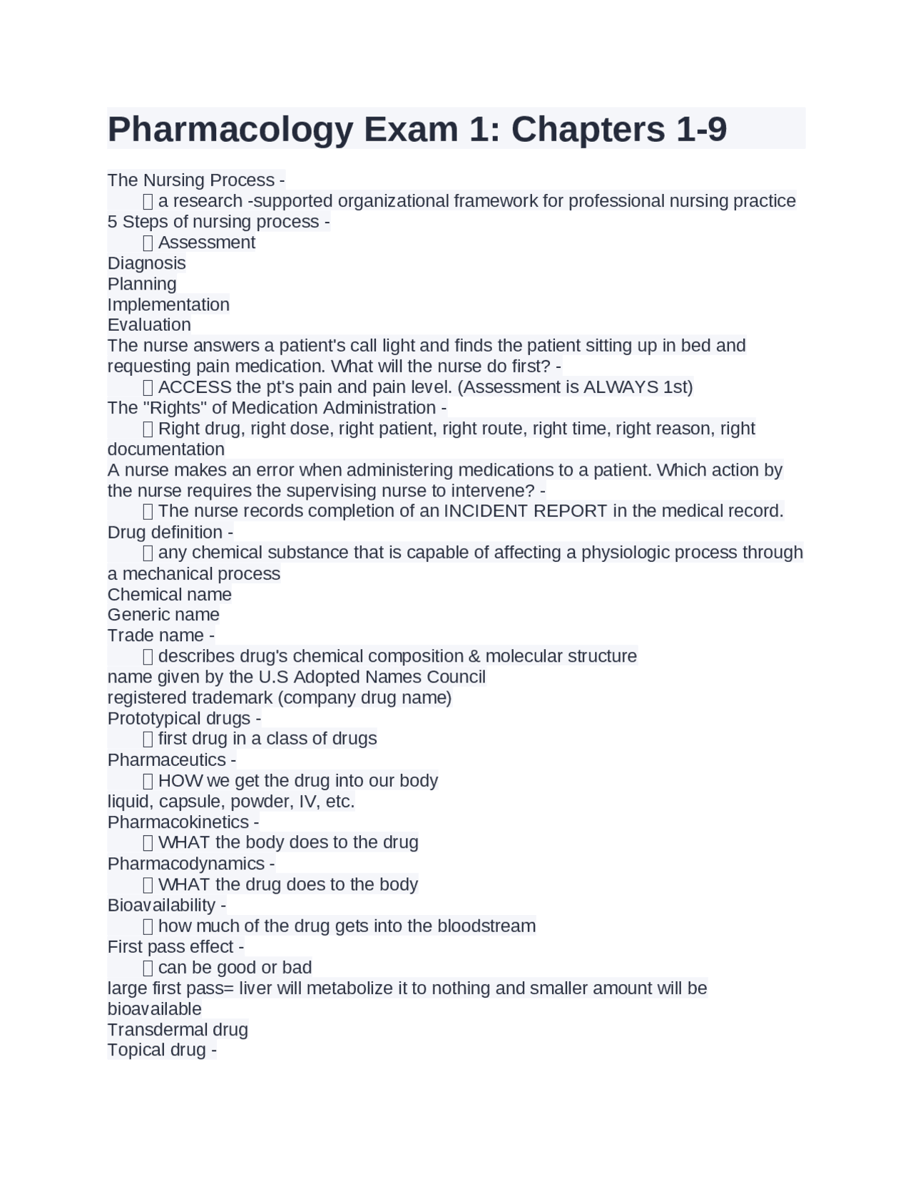 Pharmacology Exam 1: Chapters 1-9 | Exams Pharmacy | Docsity